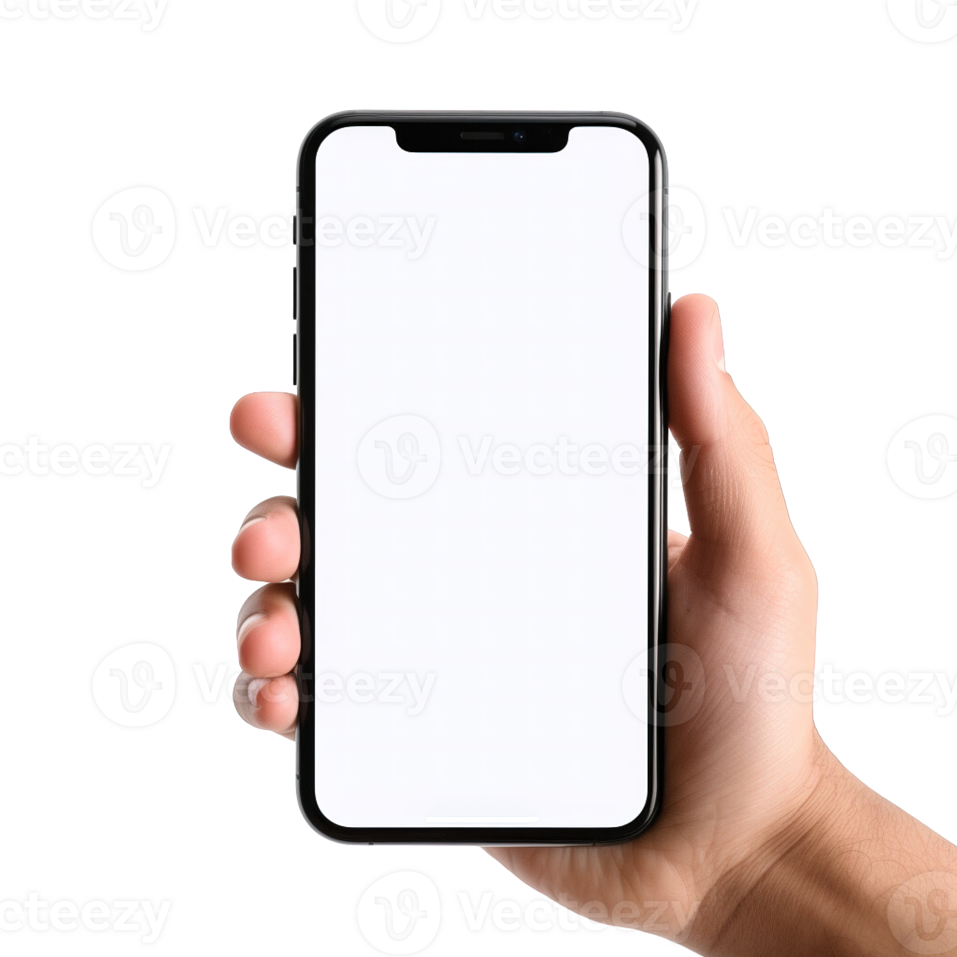 Phone mockup in hand clipping path. a smartphone with a blank white screen. isolated on ...
