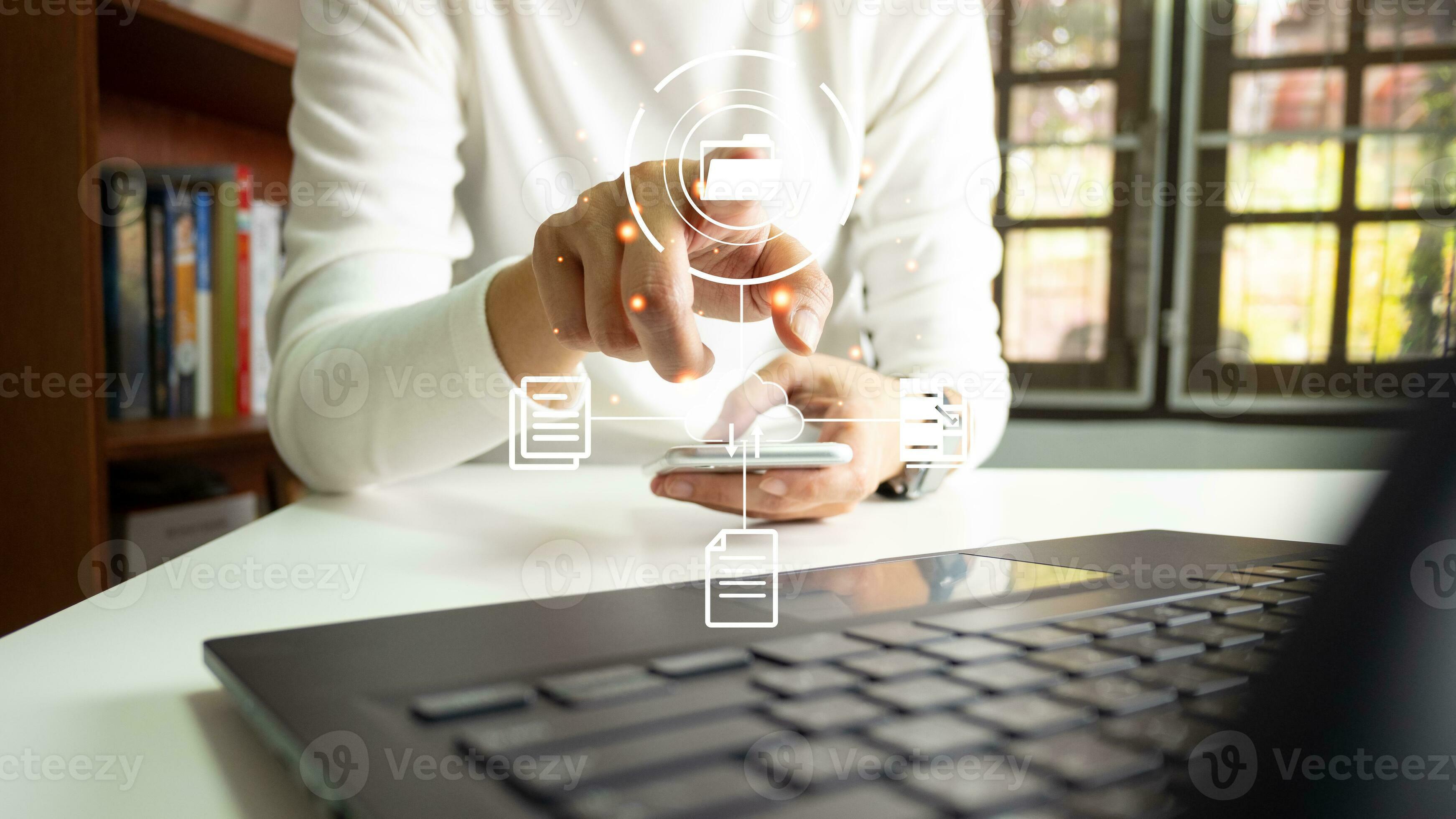 Officer using laptop manage files, Document Management System DMS, Online document database ...