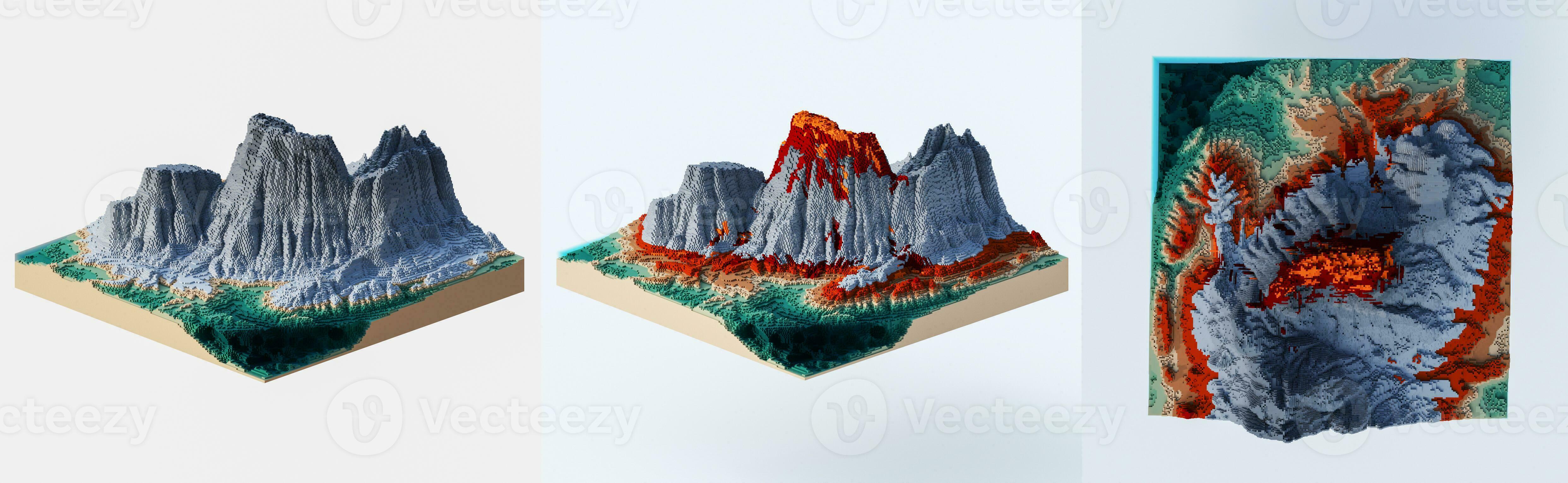 3D illustration voxels, Rocks, mountains and hills. Mountain peak. Landscape terrain map models ...