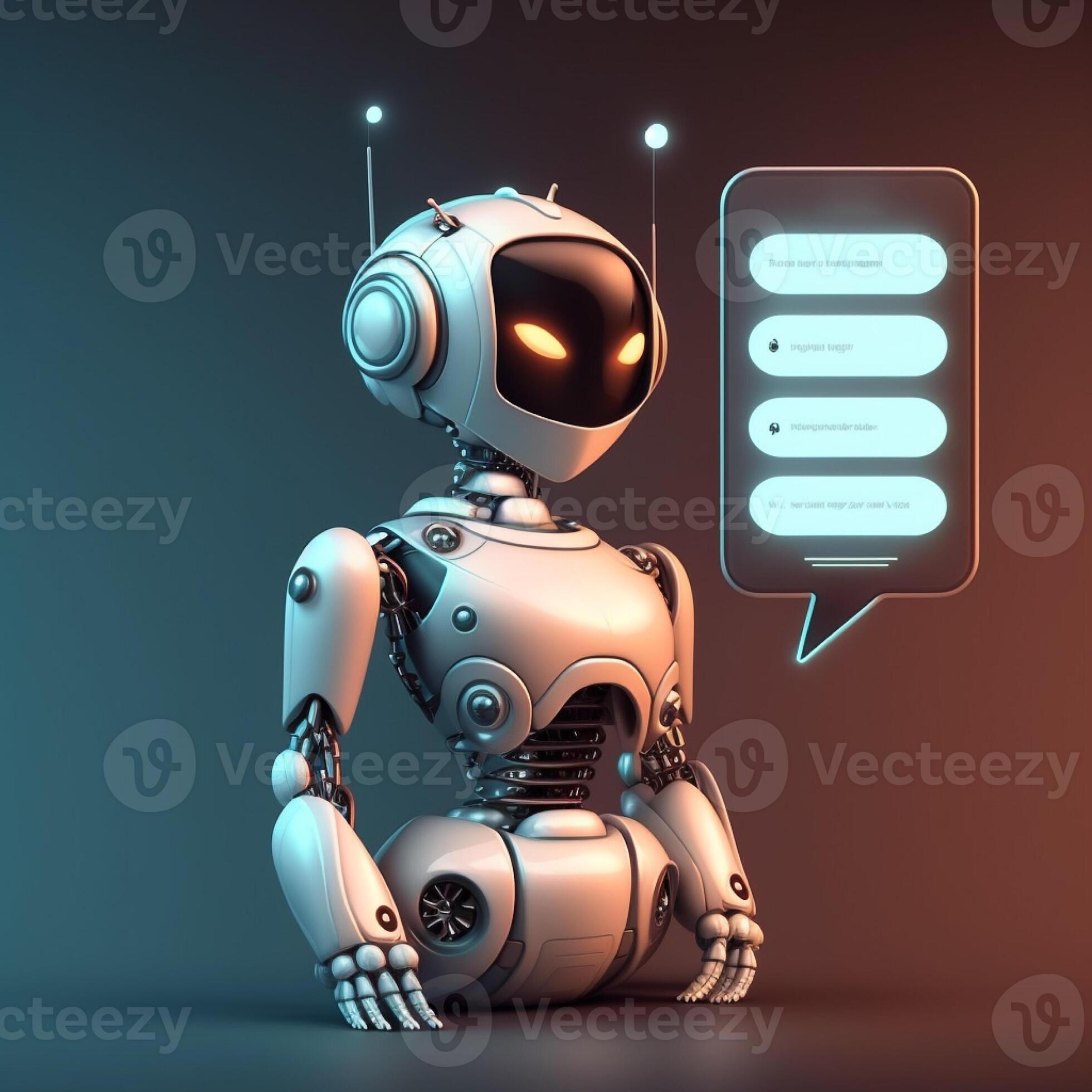 Talking cute robot with artificial intelligence. Concept of chatbot ...