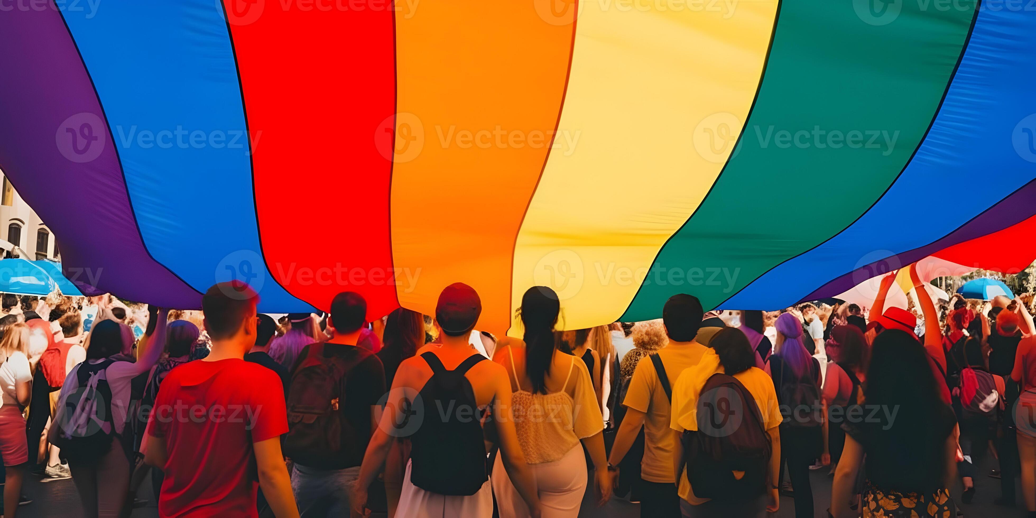 Pride parade people and big rainbow flag. LGBTQ pride. 24305868 Stock ...