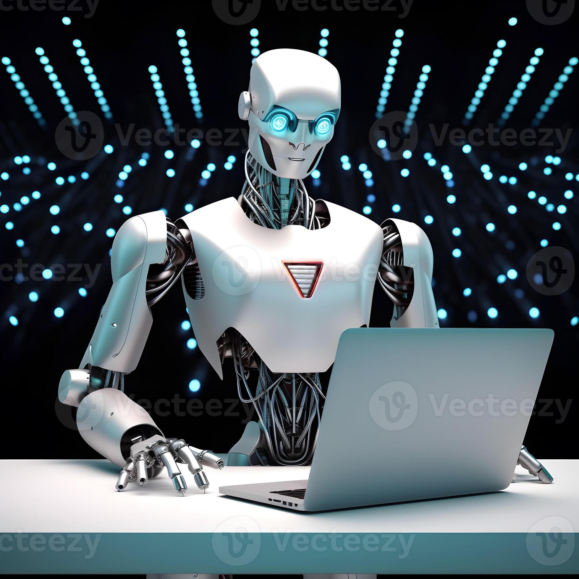 Futuristic robot using computer laptop. 24306607 Stock Photo at Vecteezy