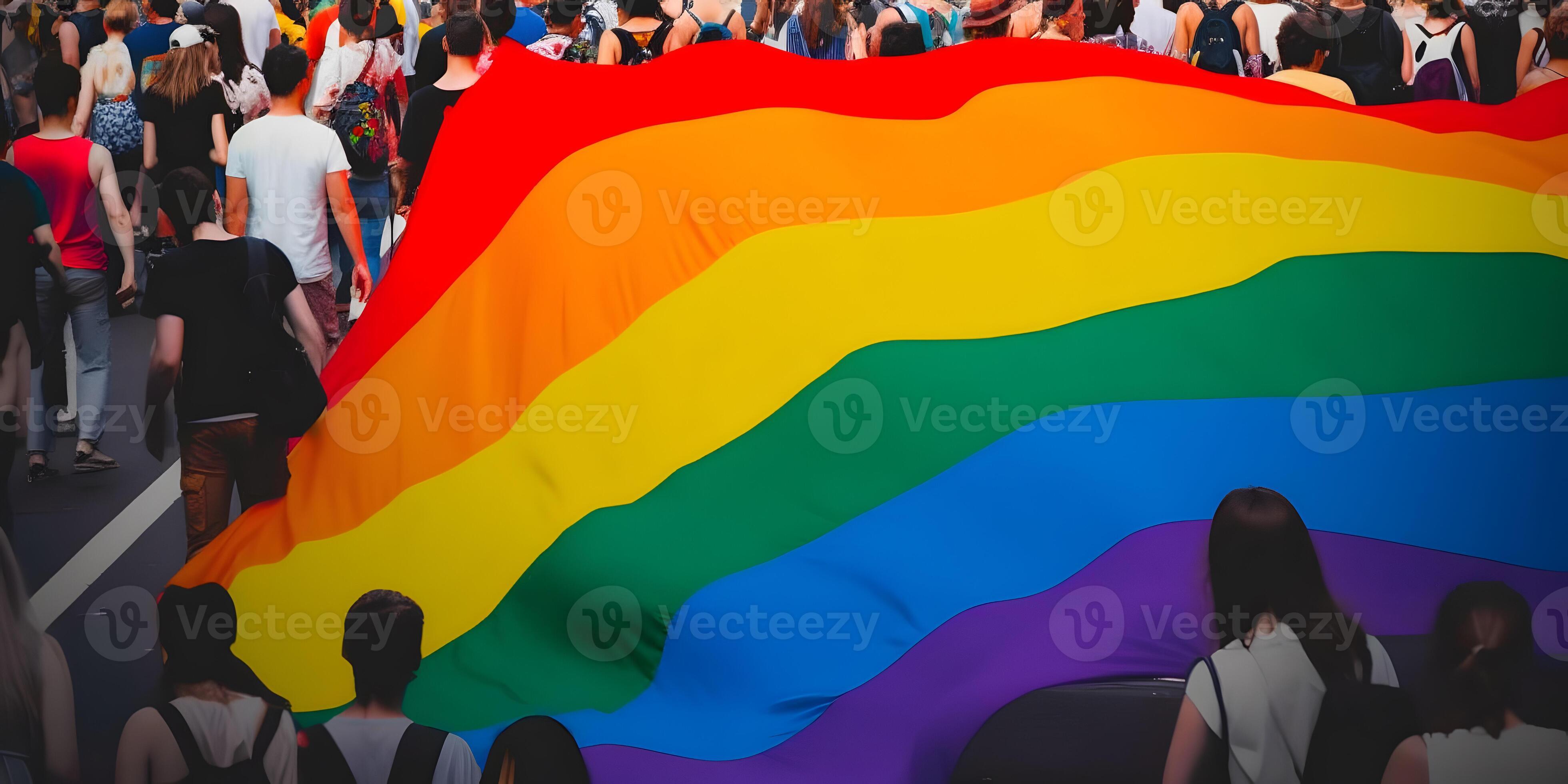 Pride parade people and big rainbow flag. LGBTQ pride. 24306612 Stock ...
