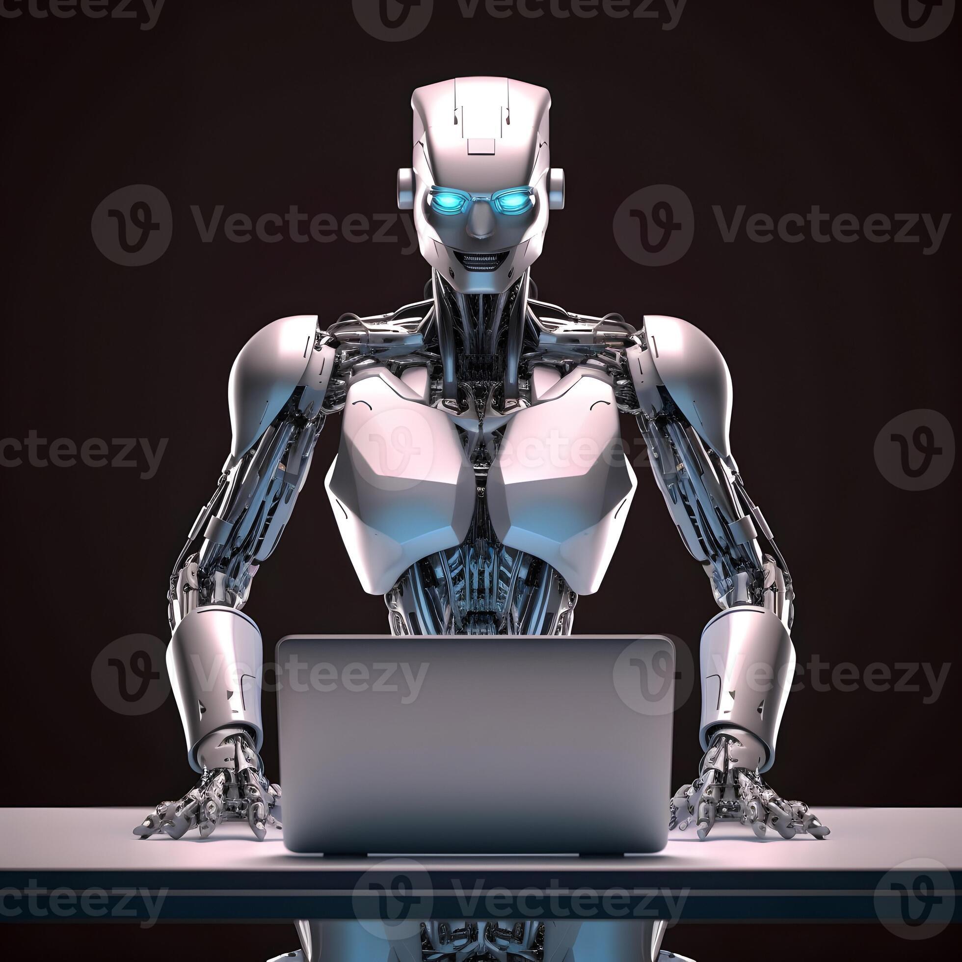 Futuristic robot using computer laptop. 24306636 Stock Photo at Vecteezy