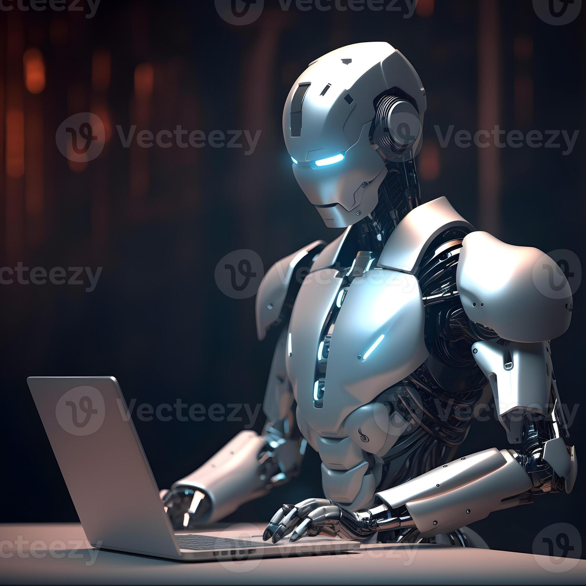 Futuristic robot using computer laptop. 24307330 Stock Photo at Vecteezy