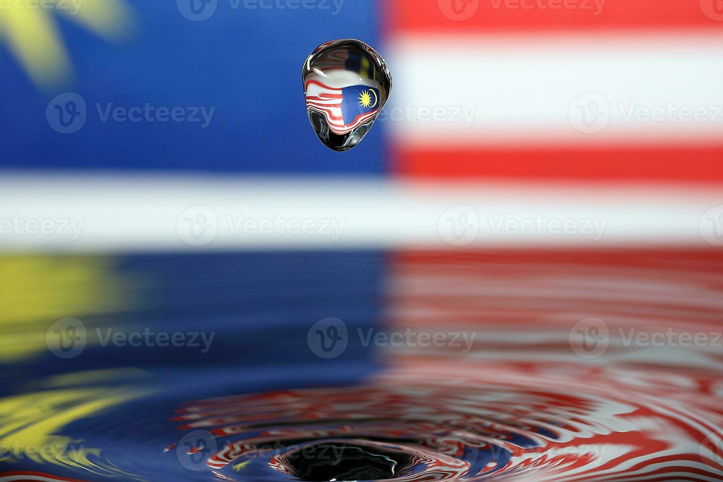 Water droplet drop splash collision dripping pillar Malaysia Flag reflection refraction ...