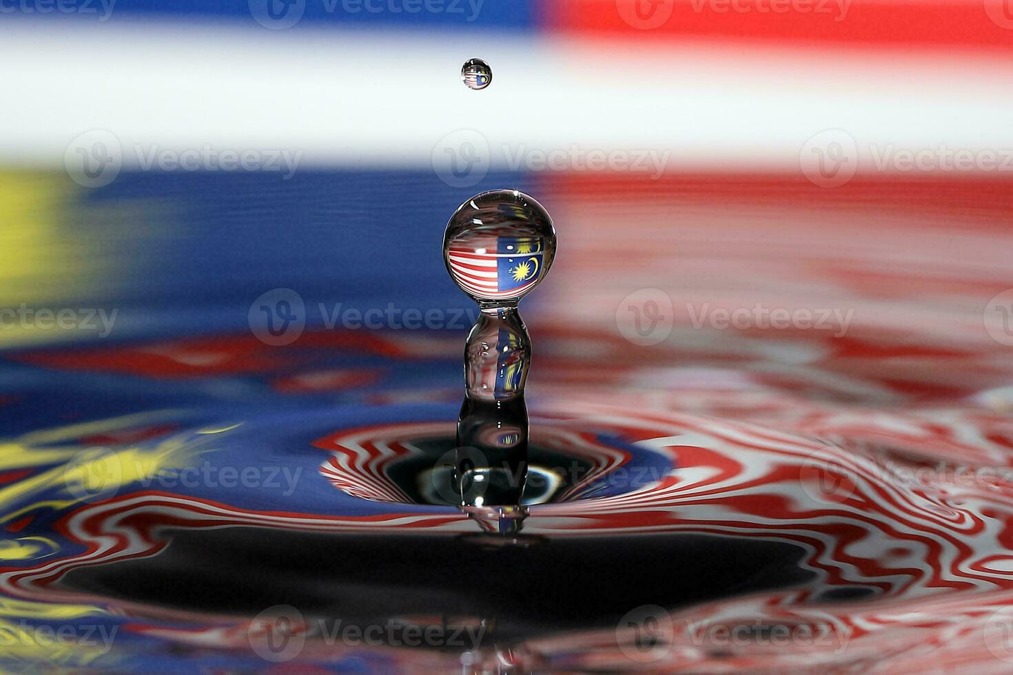 Water droplet drop splash collision dripping pillar Malaysia Flag reflection refraction ...
