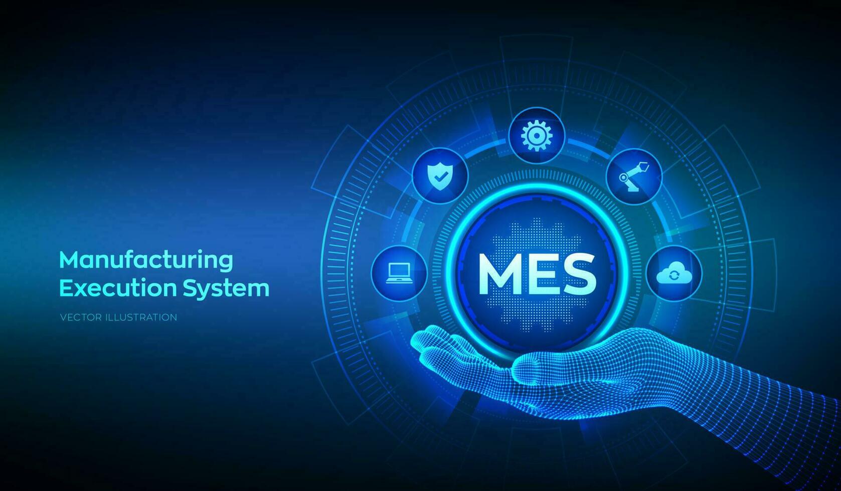 Mes Icon In Wireframe Hand Manufacturing Execution System Business Industrial Technology