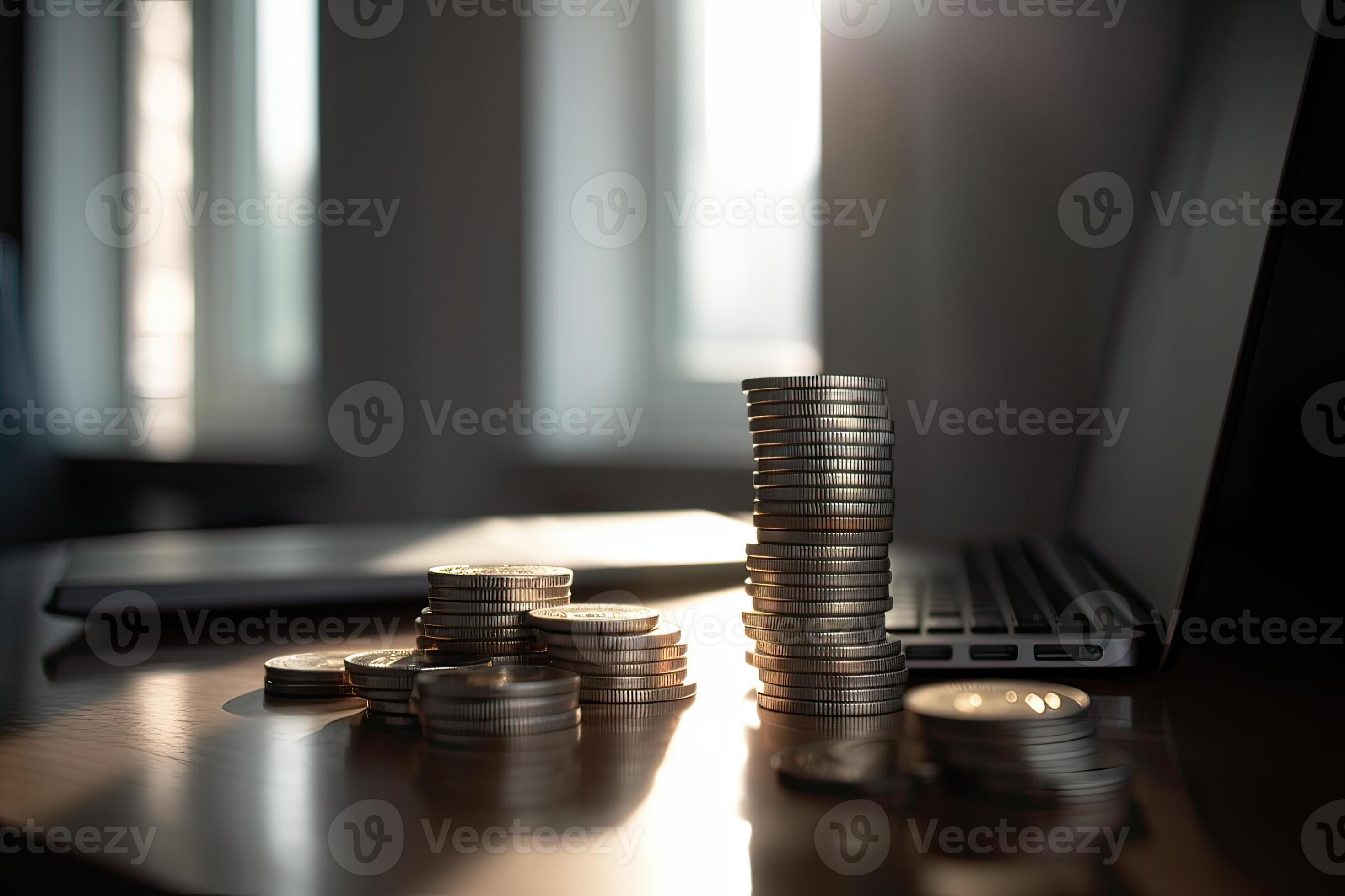 Stack of money coin with laptop computer open trading graph in the ...