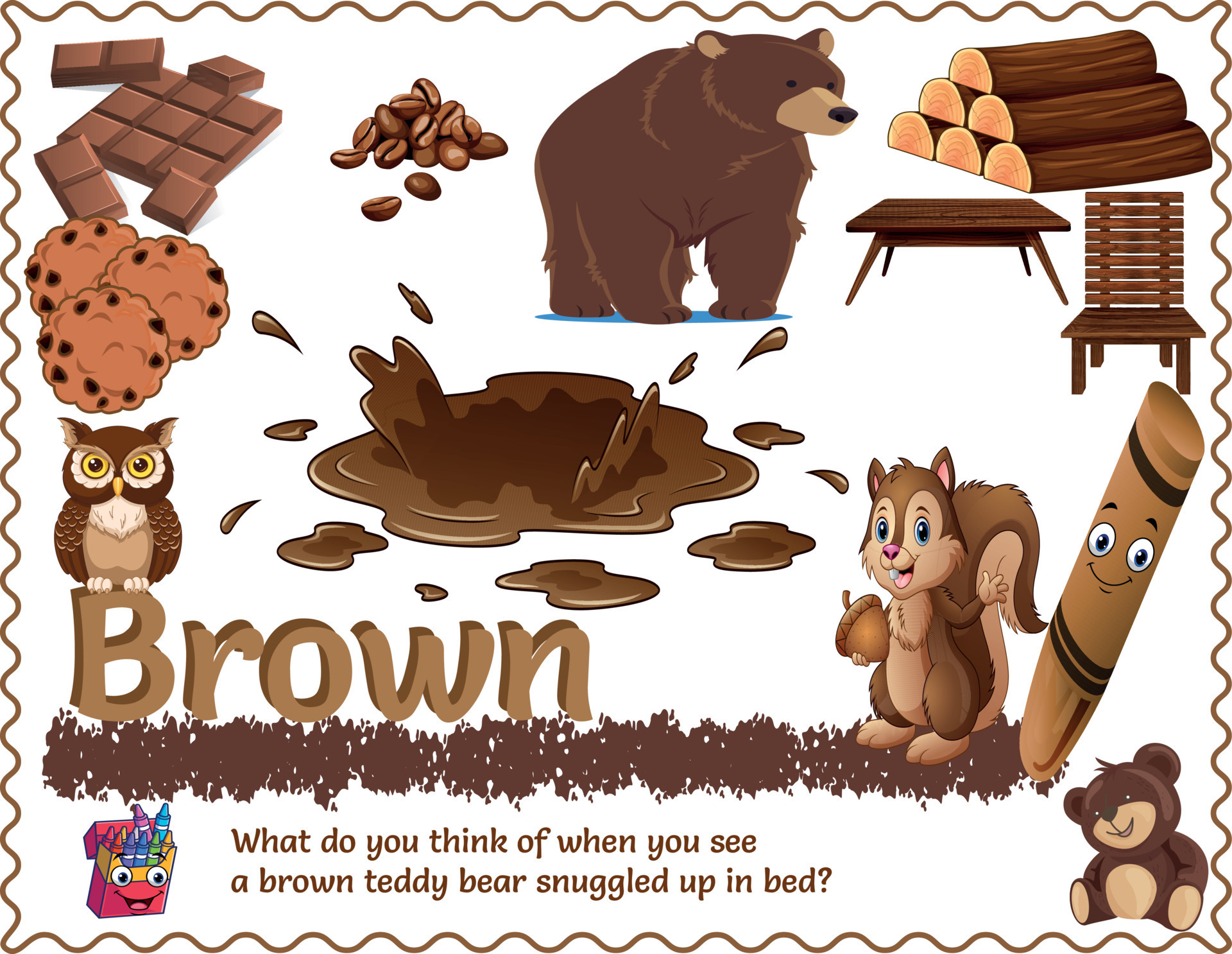 A Brown Poster includes the written color name and various objects that ...