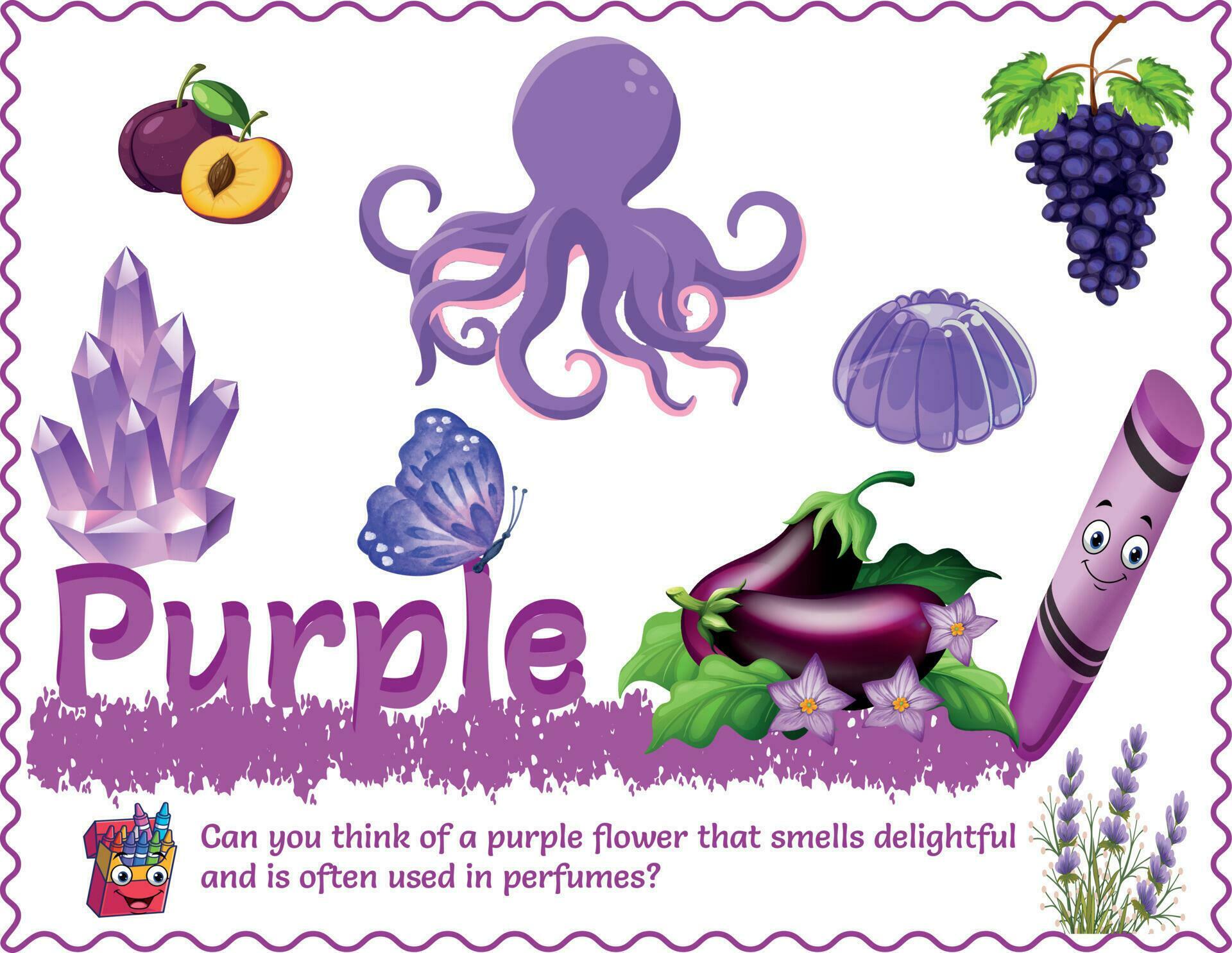 A Purple Poster includes the written color name and various objects ...