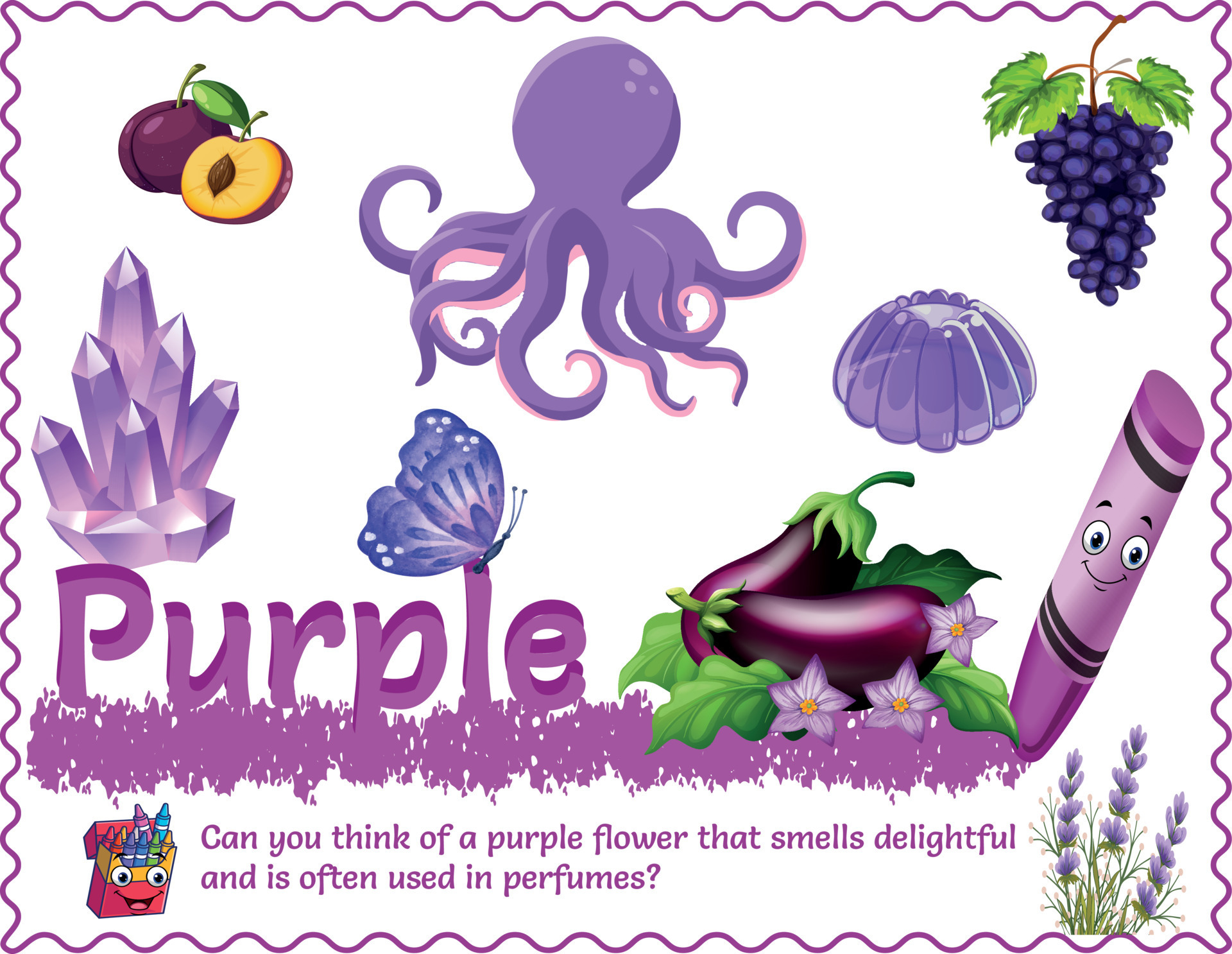 A Purple Poster Includes The Written Color Name And Various Objects