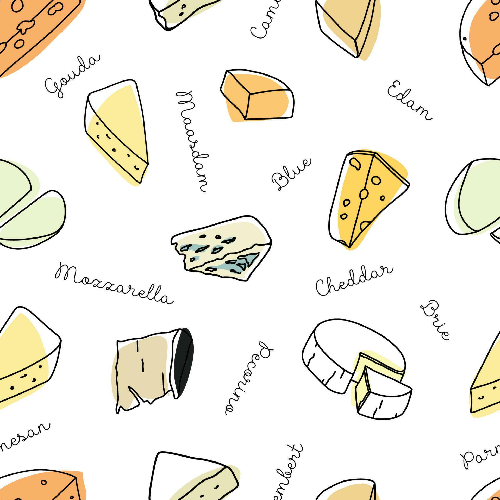 Seamless Pattern Of Sketch Of Different Cheeses With Names Cheeses
