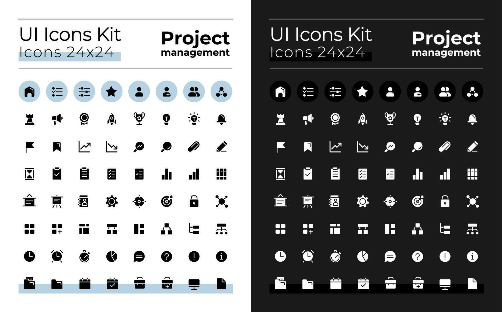 Project management glyph ui icons kit for dark, light mode. Task solving. Silhouette symbols for ...