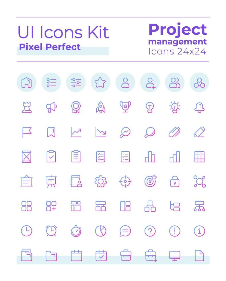 Project management pixel perfect gradient linear ui icons kit. Line contour user interface ...