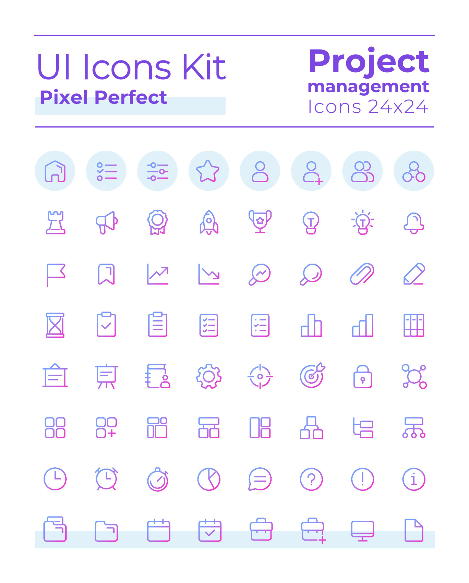 Project management pixel perfect gradient linear ui icons kit. Line contour user interface ...