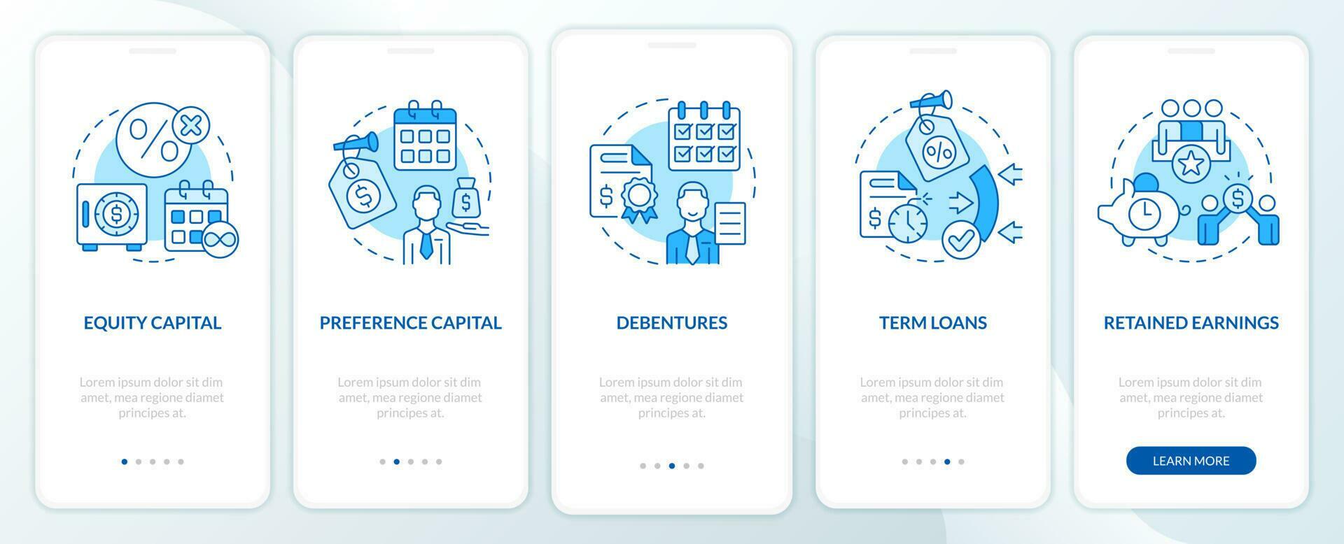 Sources Of Long Term Financing Blue Onboarding Mobile App Screen Walkthrough 5 Steps Editable