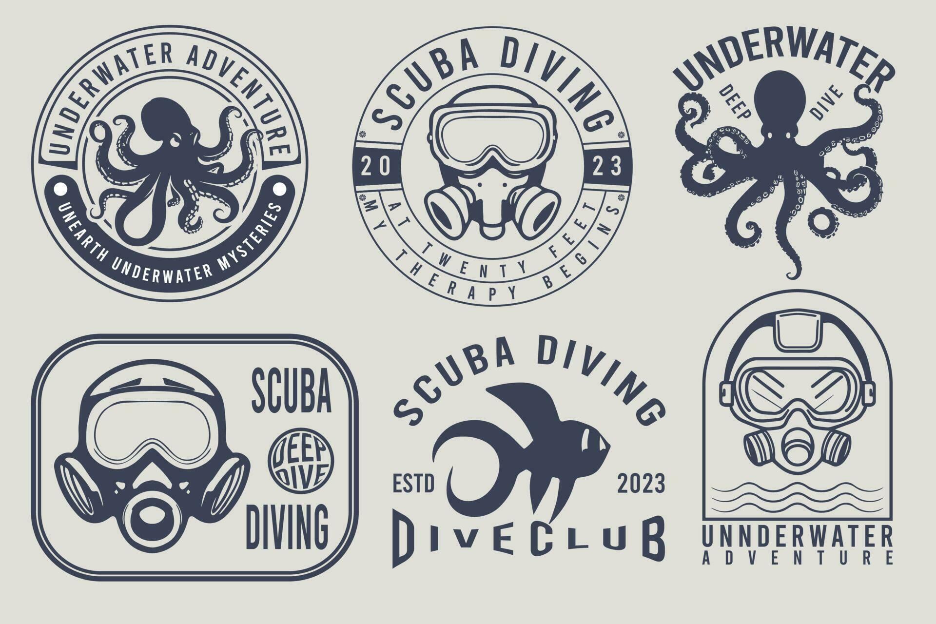 Underwater scuba diving club vector vintage emblems and labels. Diving ...