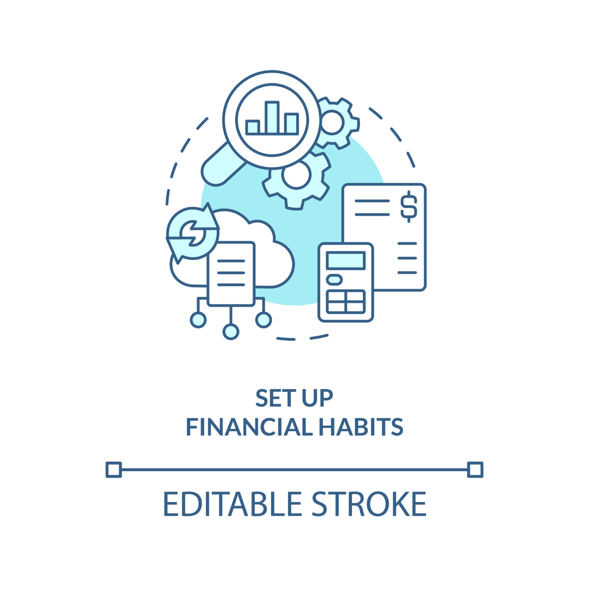 Set up financial habits turquoise concept icon. Managing small business ... Set up financial habits turquoise concept icon. Managing small business ...
