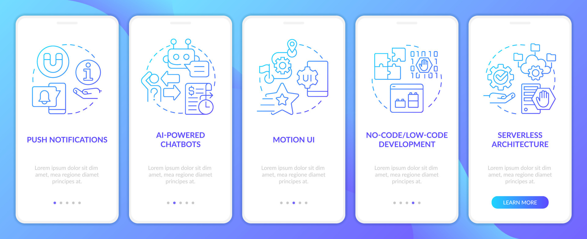 Next generation web development blue gradient onboarding mobile app ...