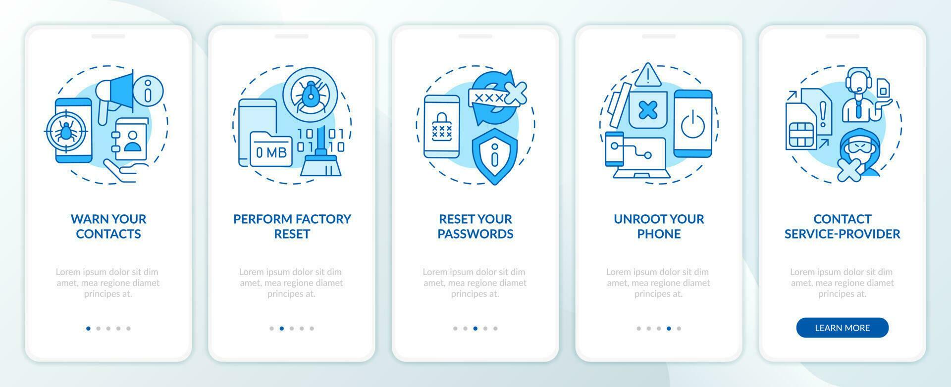 Remove Hacker Blue Onboarding Mobile App Screen Smartphone Safety Walkthrough 5 Steps Editable