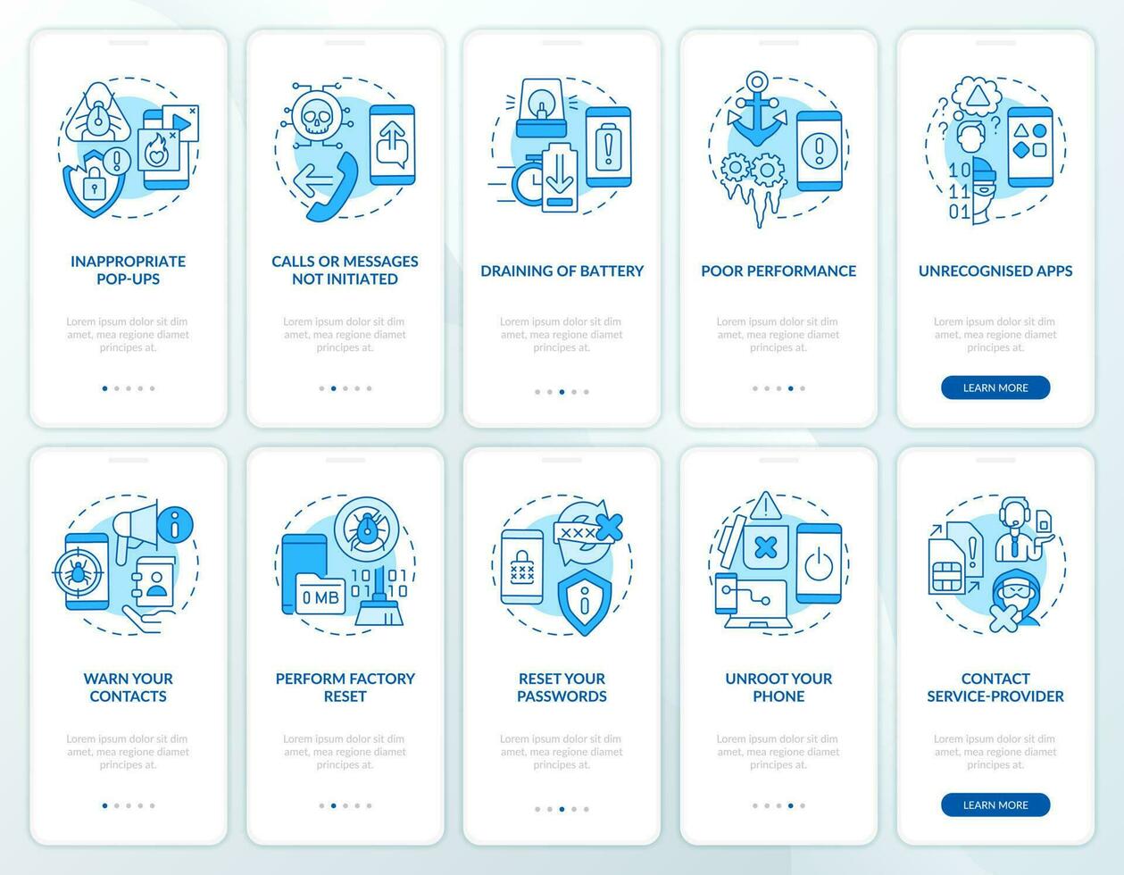 Mobile Phone Cyber Attack Blue Onboarding Mobile App Screen Set Walkthrough 5 Steps Editable