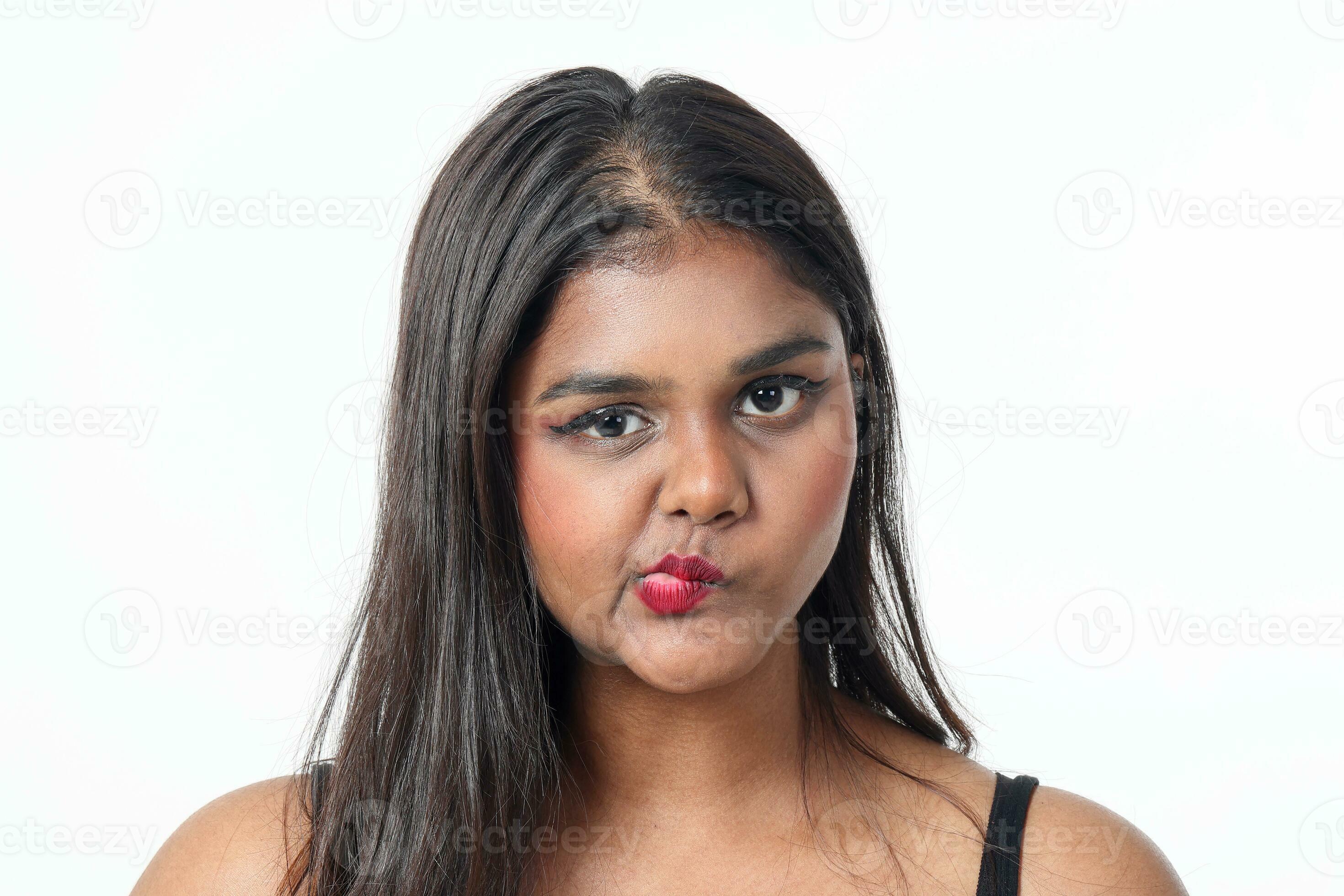 Young Attractive Asian Indian Woman Pose Face Body Expression Mode Emotion On White Background