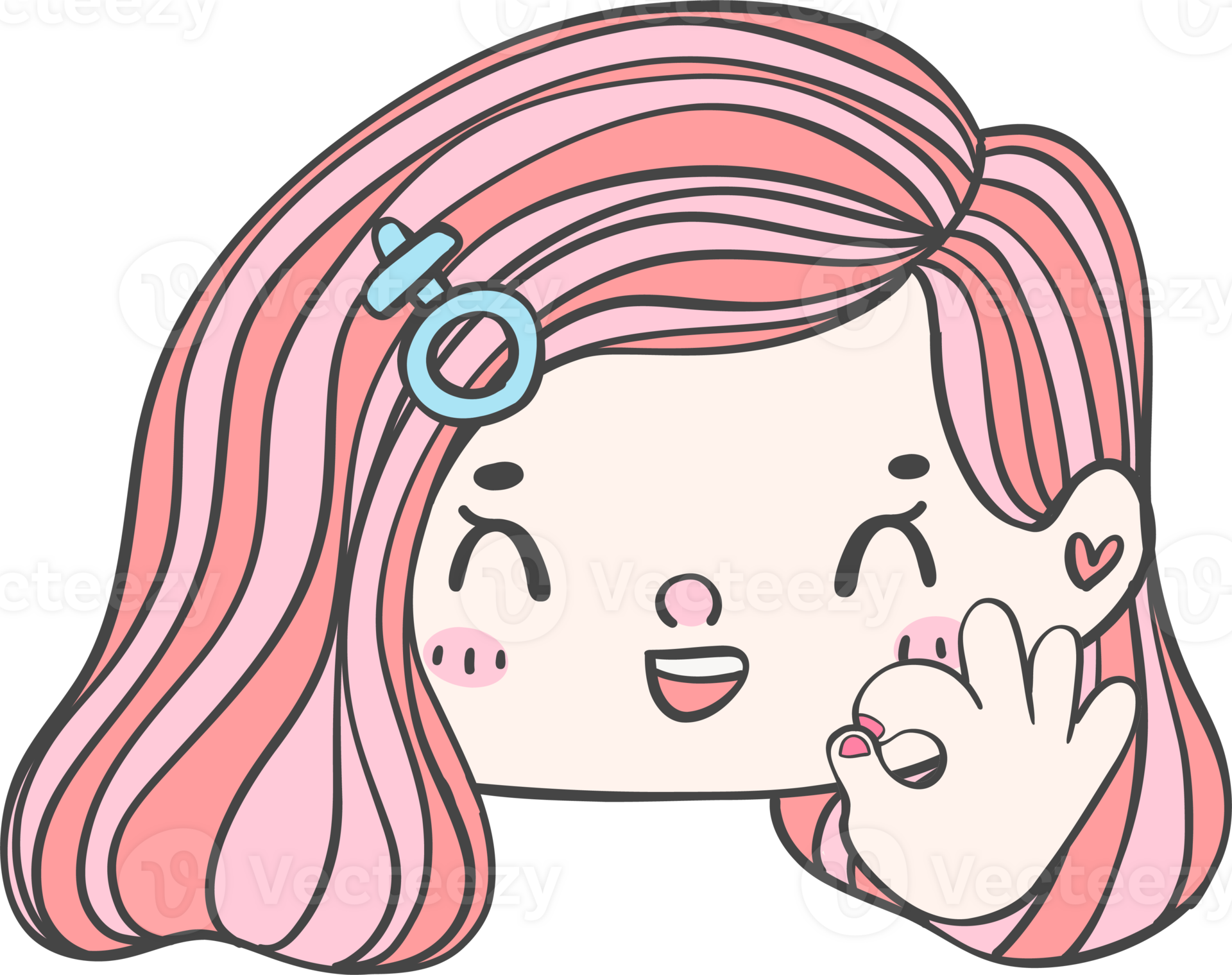 Cute Girl Beauty Face With Ok Gesture Hand Sign Cartoon Character Hand Drawing Doodle Outline