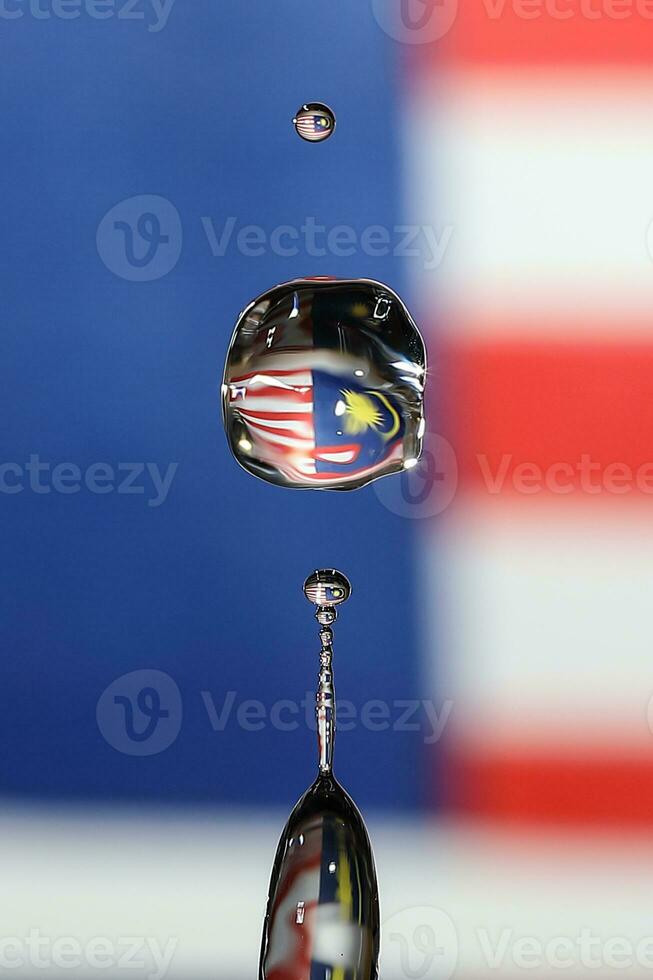 Water droplet drop splash collision dripping pillar Malaysia Flag reflection refraction ...