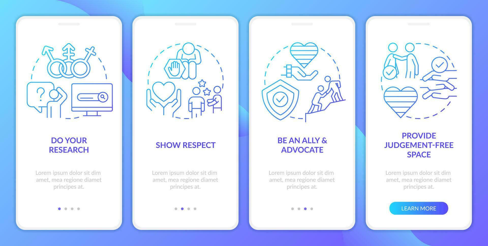 Supporting Gender Identity Blue Gradient Onboarding Mobile App Screen Walkthrough 4 Steps