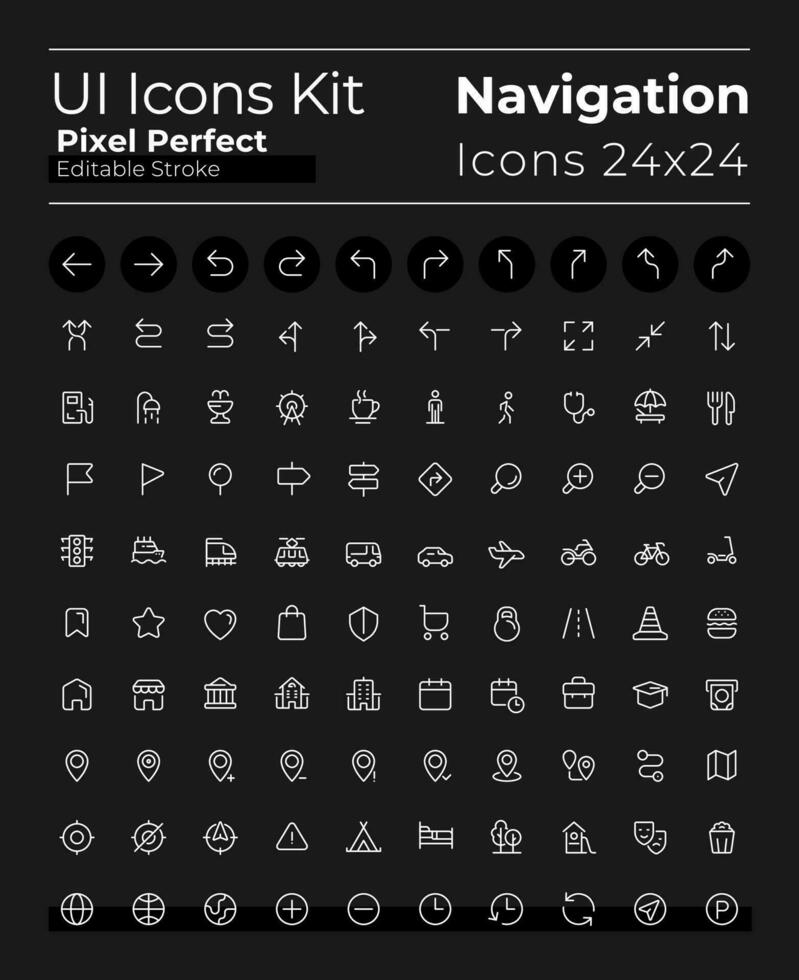 Tracking location pixel perfect white linear ui icons set for dark theme. Isolated user ...