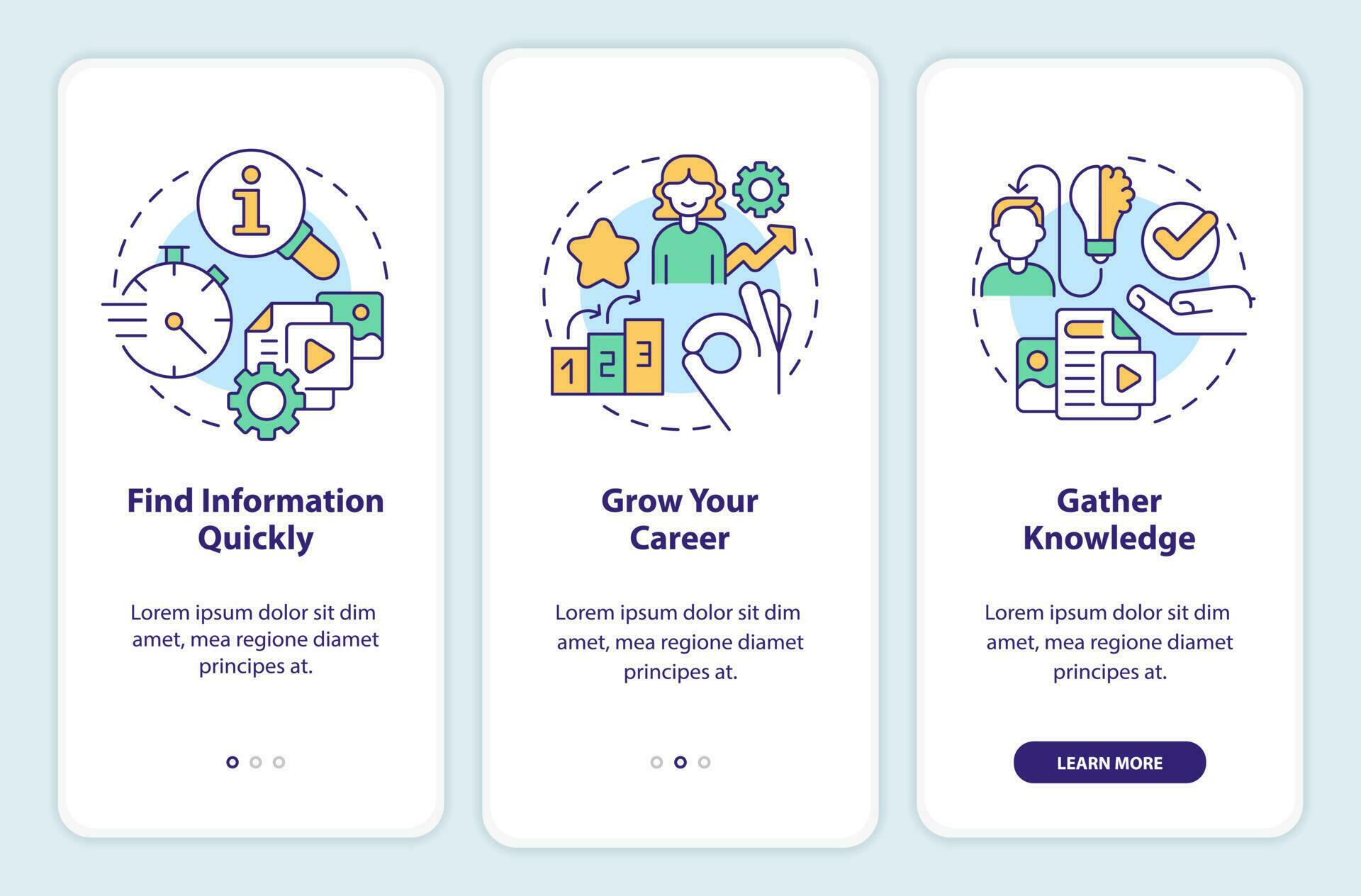Expectations from content onboarding mobile app screen. User comfort walkthrough 3 steps ...
