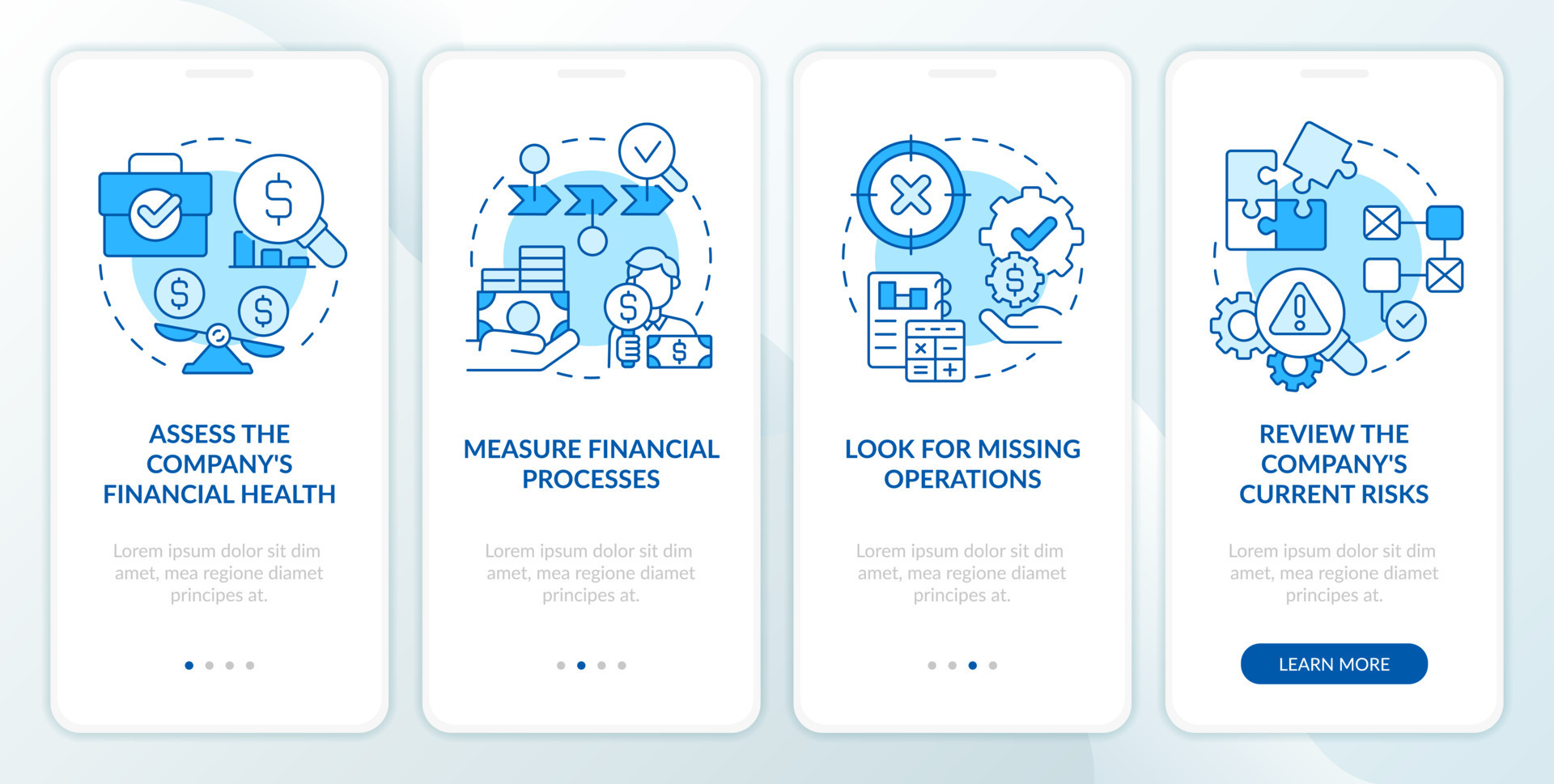 Determine Treasury Management Need Blue Onboarding Mobile App Screen Walkthrough 4 Steps