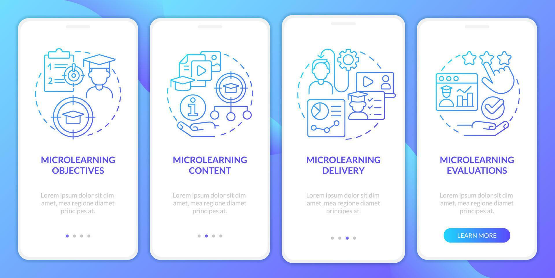 Microlearning modules blue gradient onboarding mobile app screen. Walkthrough 4 steps graphic ...