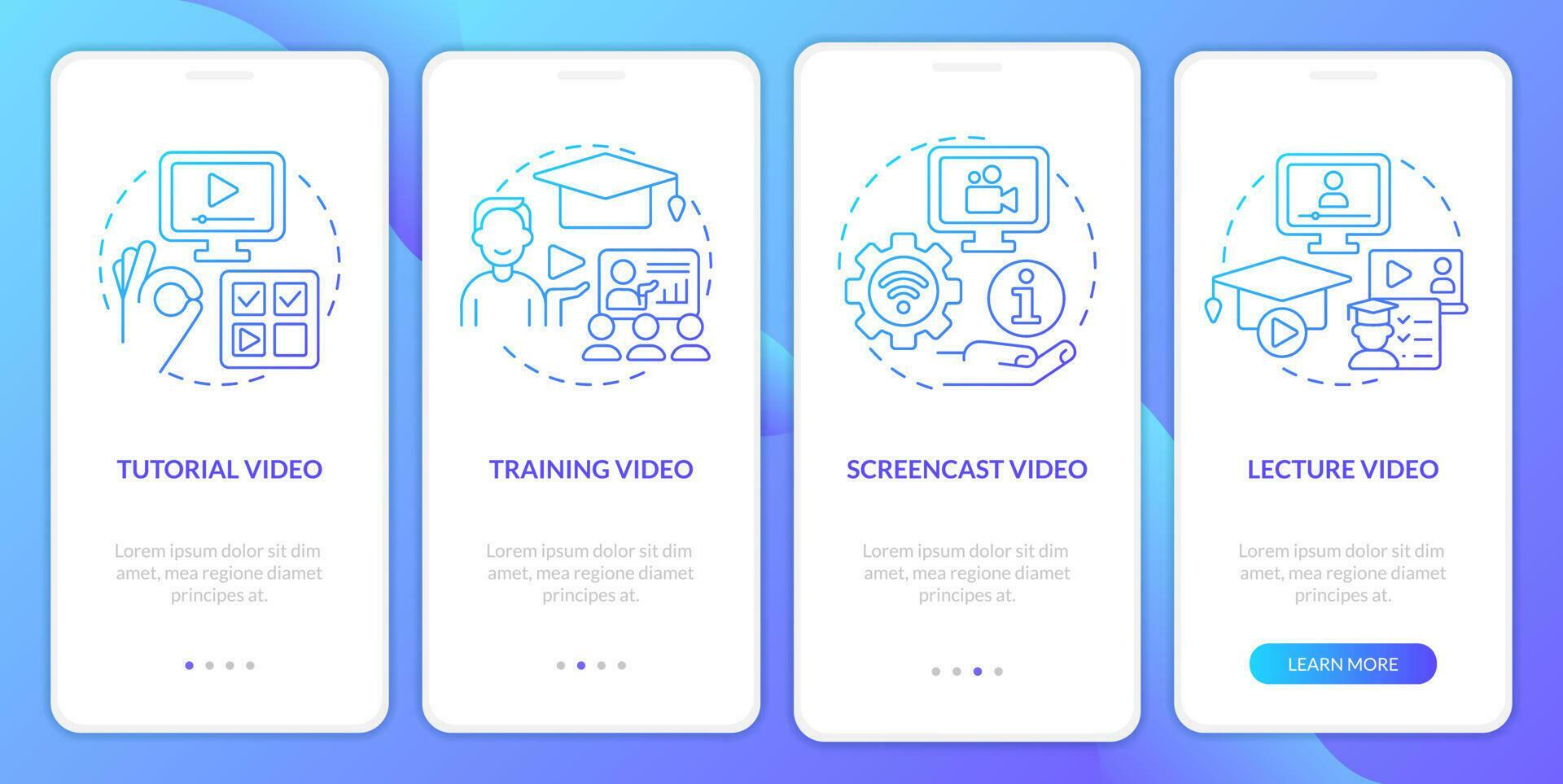 Microlearning videos in online training gradient onboarding mobile app screen. Walkthrough 4 ...
