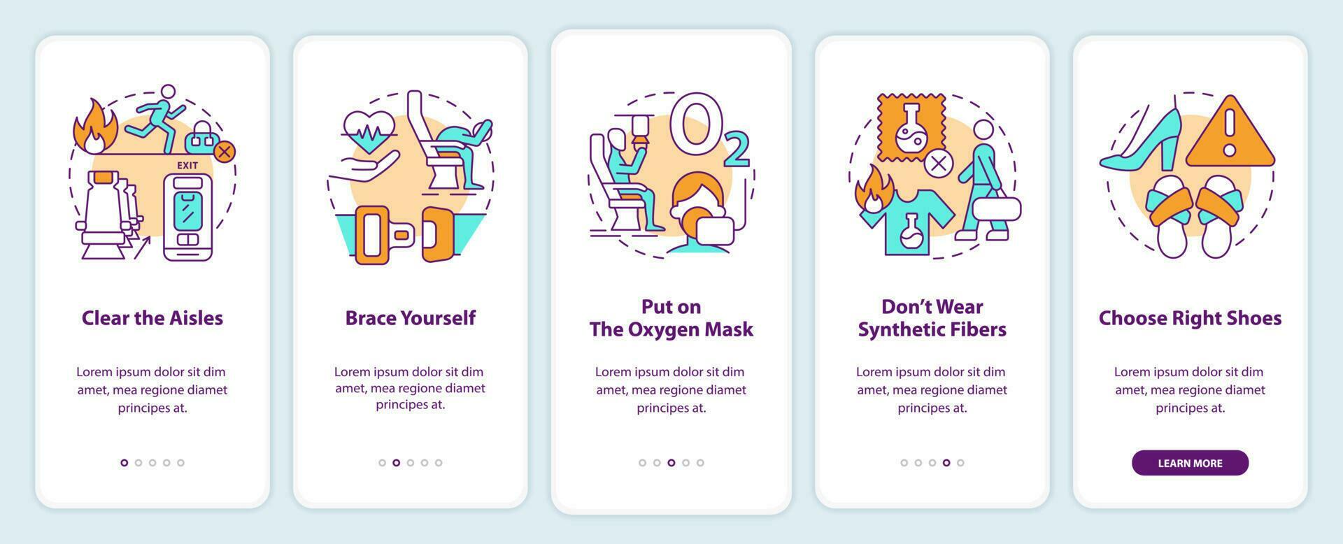 Surviving plane crash onboarding mobile app screen. Clear aisles walkthrough 5 steps editable ...
