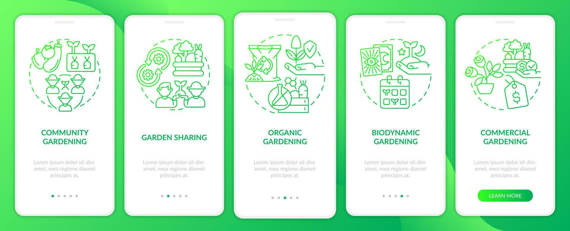 Types Of Gardening Green Gradient Onboarding Mobile App Screen Vegetation Walkthrough 5 Steps
