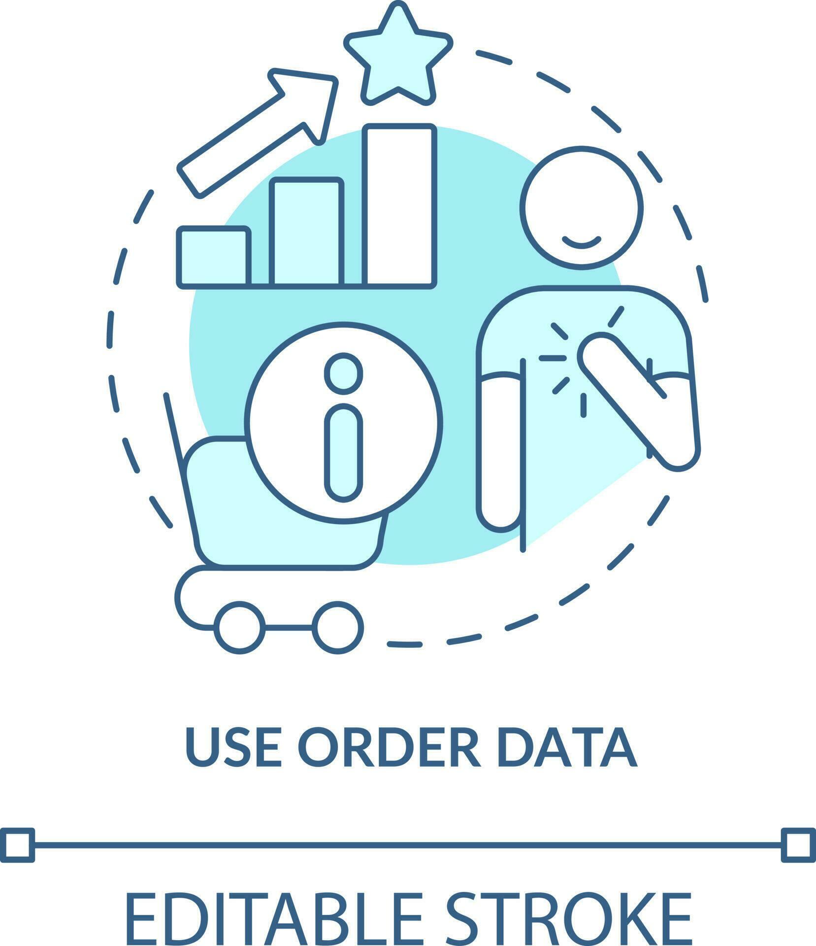 Use order data turquoise concept icon. Analyze data. Client engagement strategy abstract idea ...