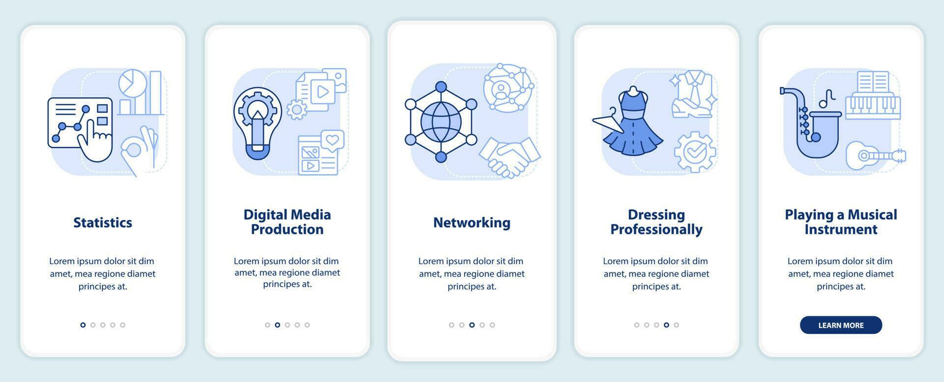 Professional Skills Light Blue Onboarding Mobile App Screen Career Walkthrough 5 Steps Editable