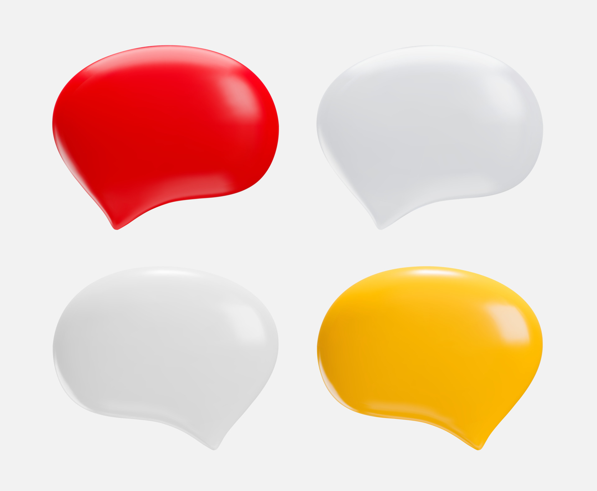 Set of 3D speech bubbles. Four message icons in white, red and yellow ...