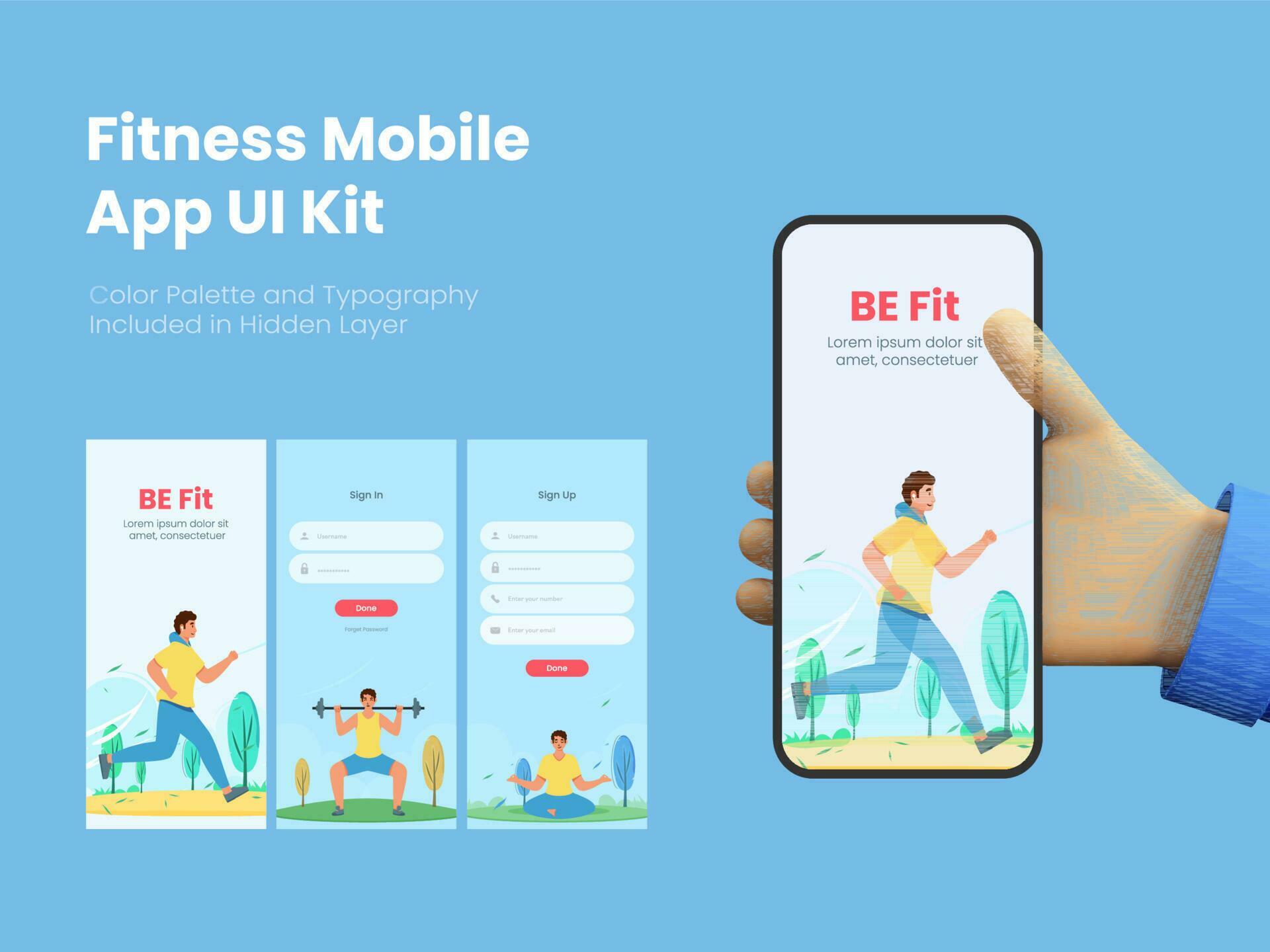 Fitness Mobile App UI Kit Including as Login, Sign up on Blue ...