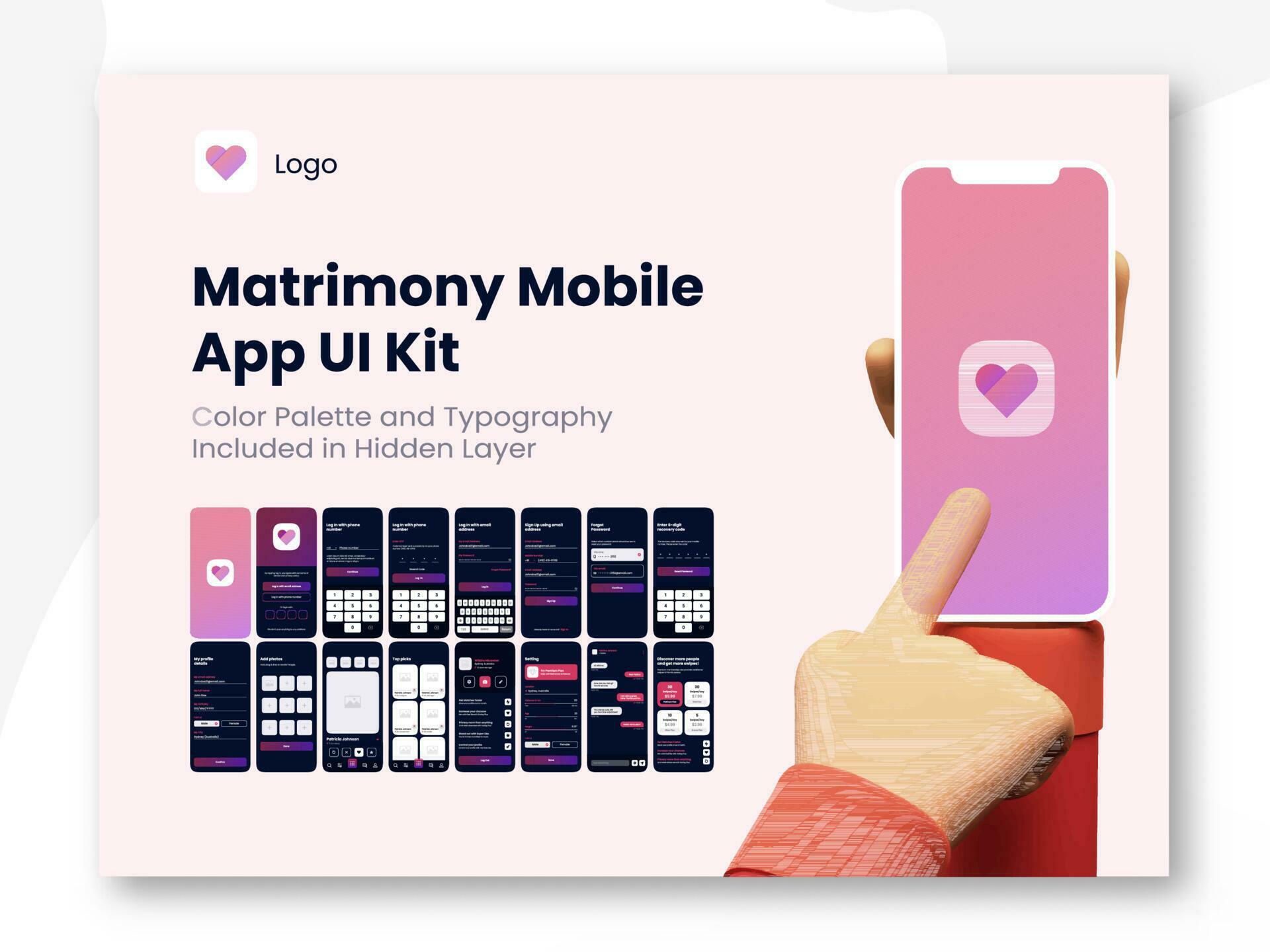 Matrimony App UI Kit for Responsive Mobile App or Website with Different Screens as Login ...