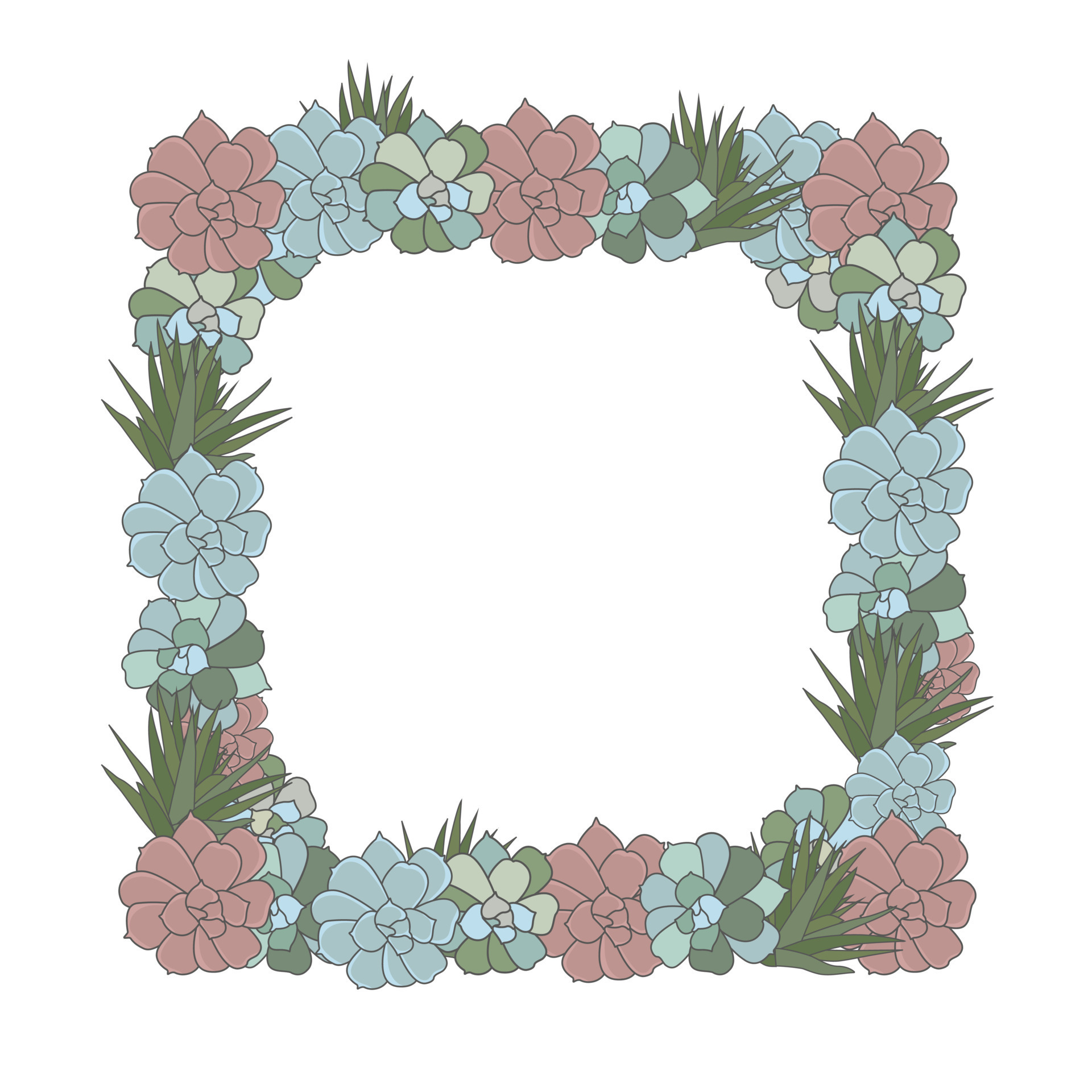 Square frame of succulent cactus, hand drawn plant border isolated on white background. Vector ...