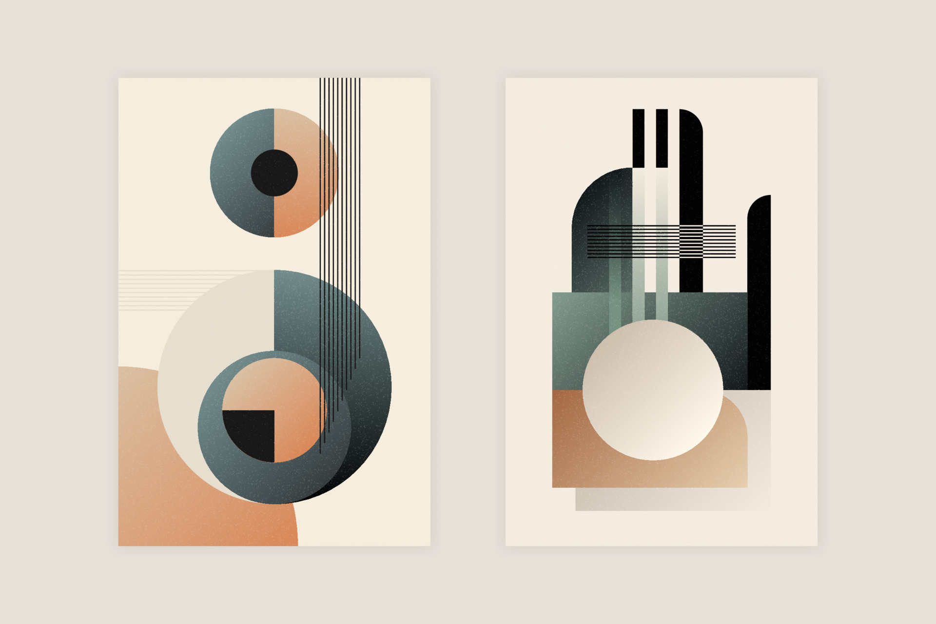 Abstract geometric composition with circles, lines, and squares on beige background for poster ...