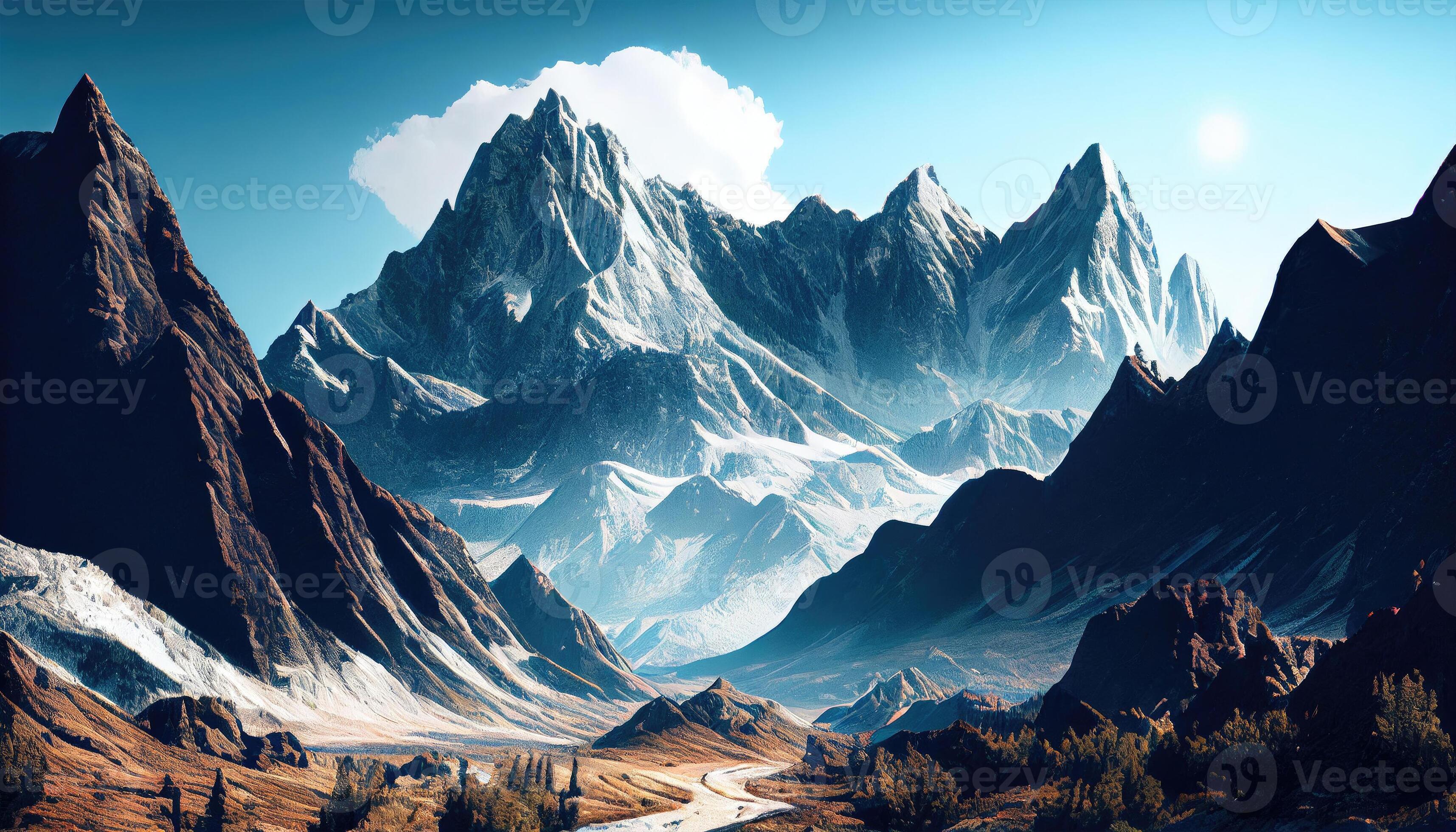 Towering mountain range dotted with towering peaks and treacherous ...