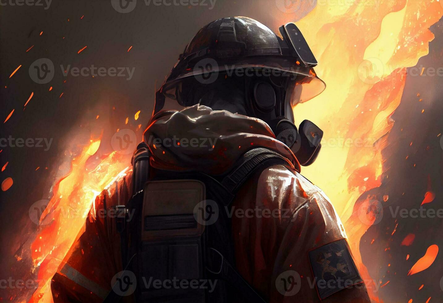 Firefighter seen from behind with a big fire in the background ...