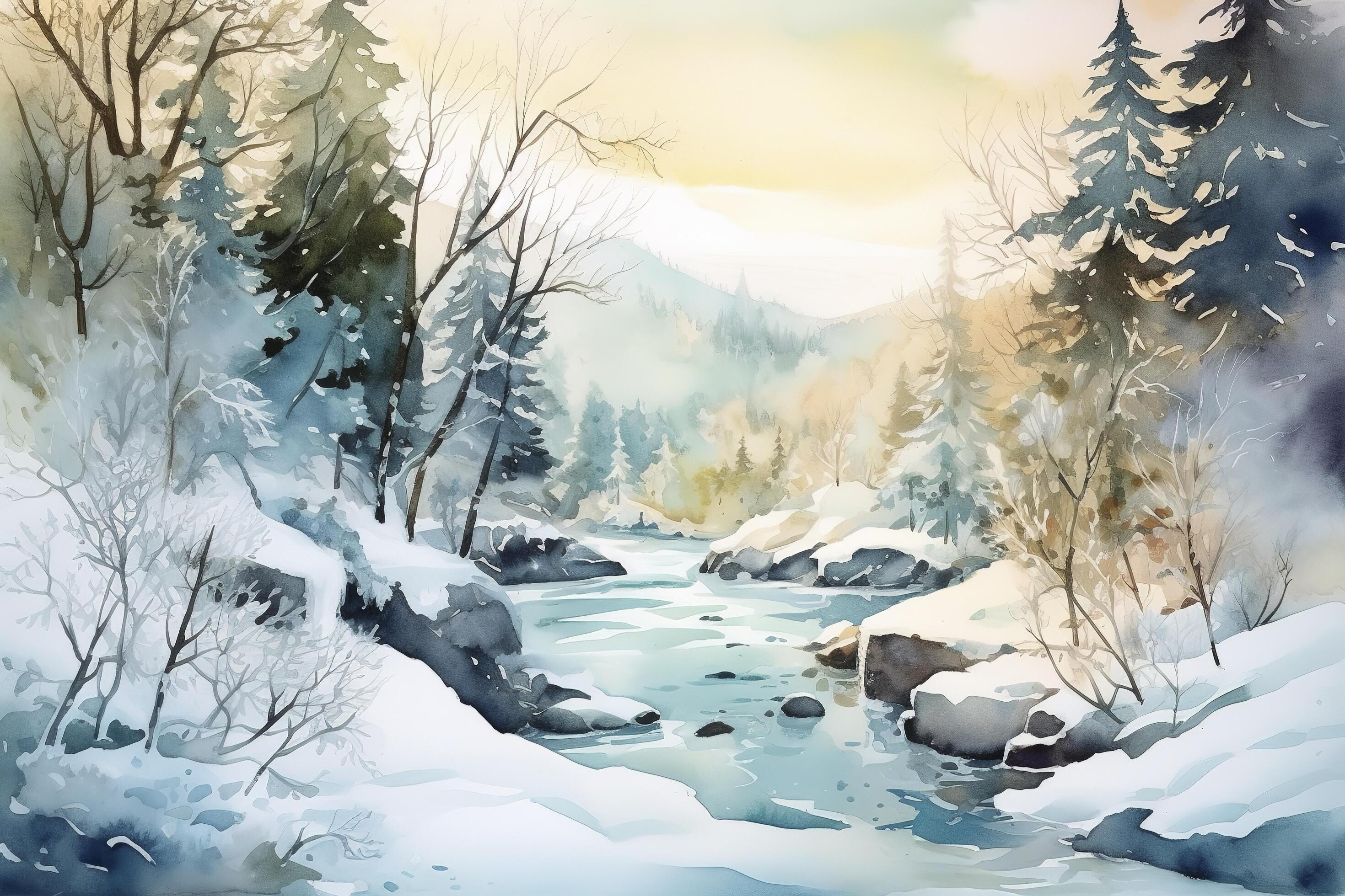 Watercolor Painting Landscape Winter