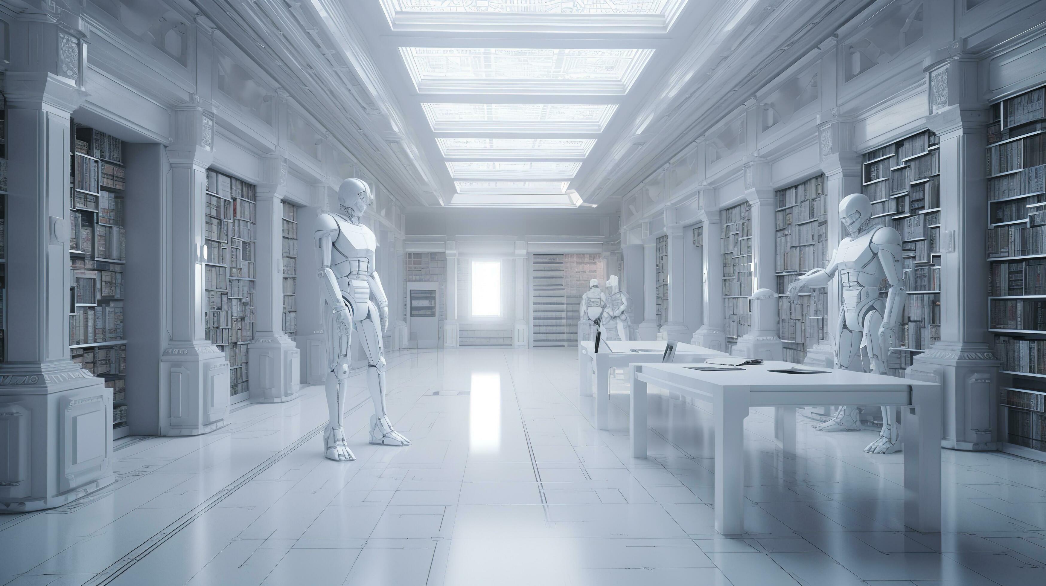 Artificial Intelligence White Library Classroom In Space A Futuristic Library With A Lot Of