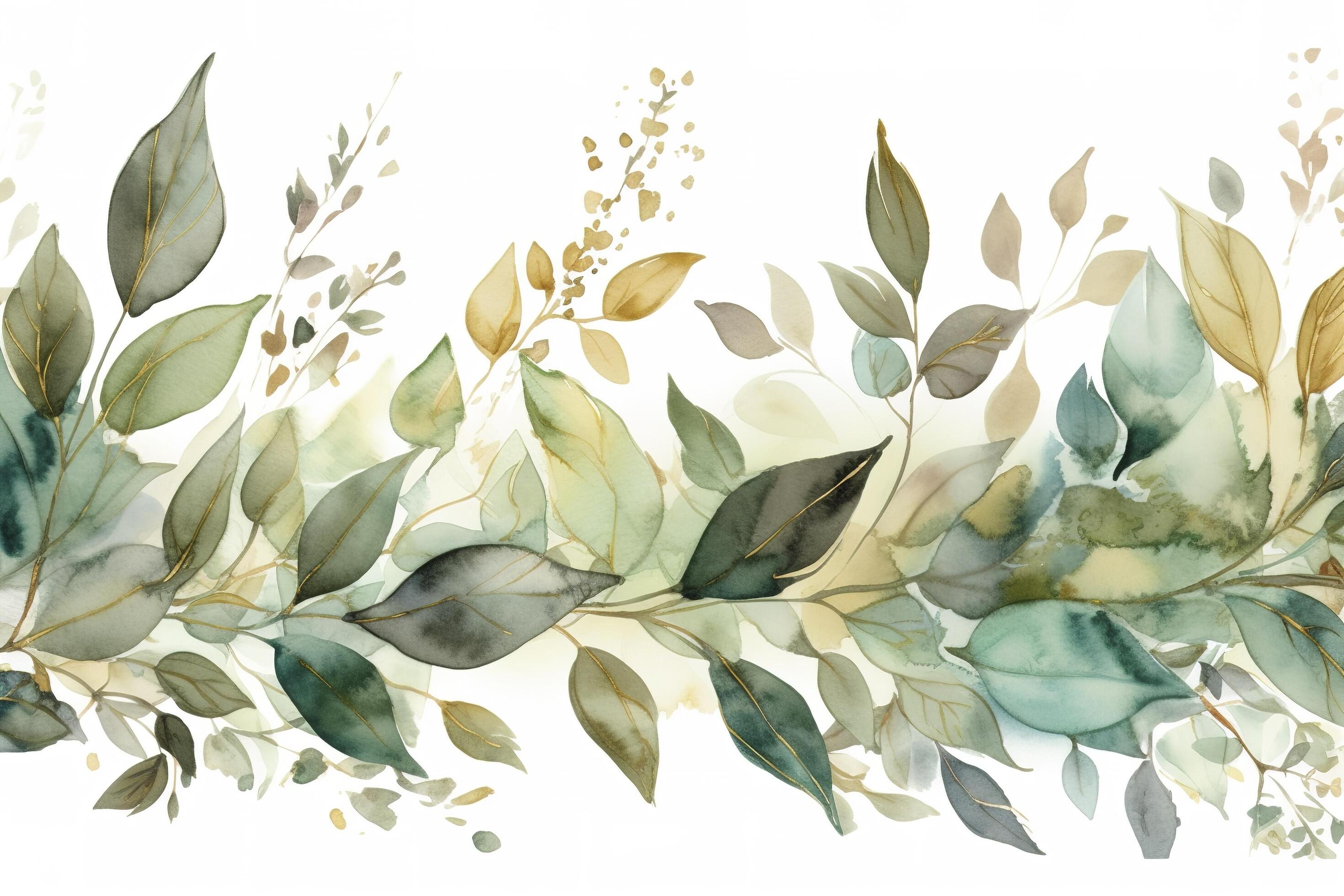 Watercolor seamless border - illustration with green gold leaves and ...
