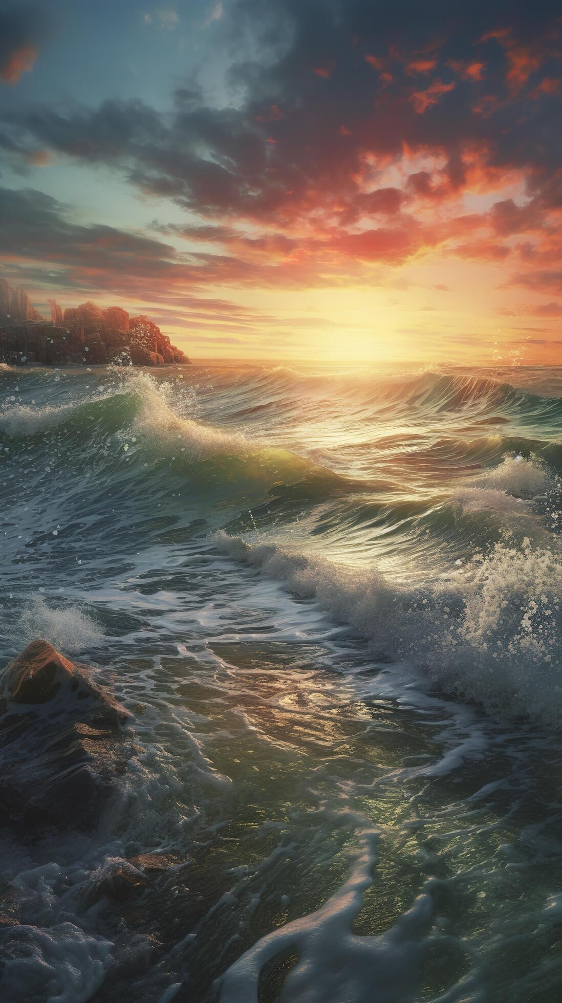 Ocean Waves Sunset Wallpaper
